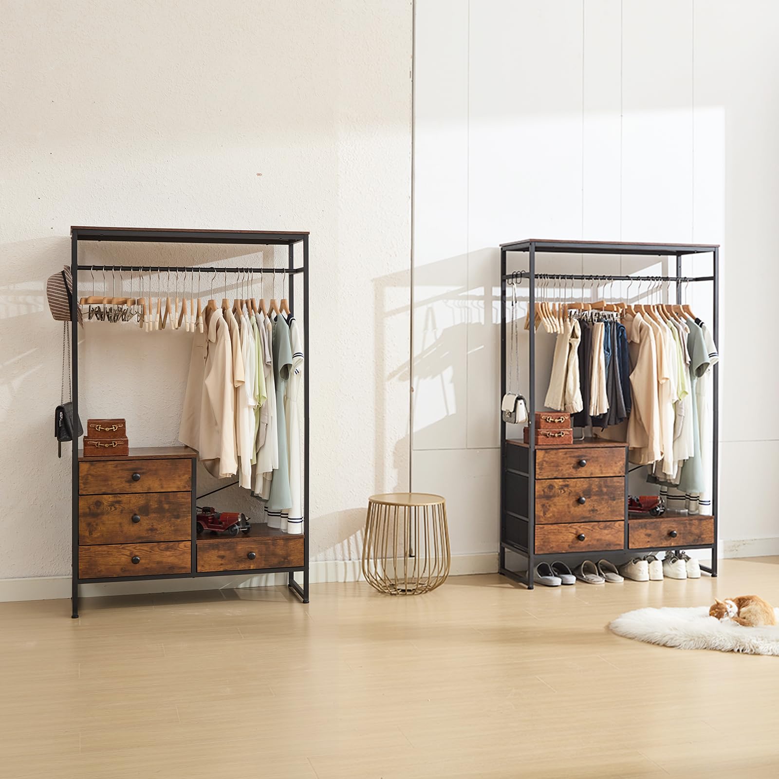 YIGOBUY Heavy Duty Garment Rack with Drawers Clothes Rack for Hanging Clothes, Industrial Clothing Racks with Shelves, 4 Fabric Drawer, Freestanding Closet Organizer, Rustic Brown