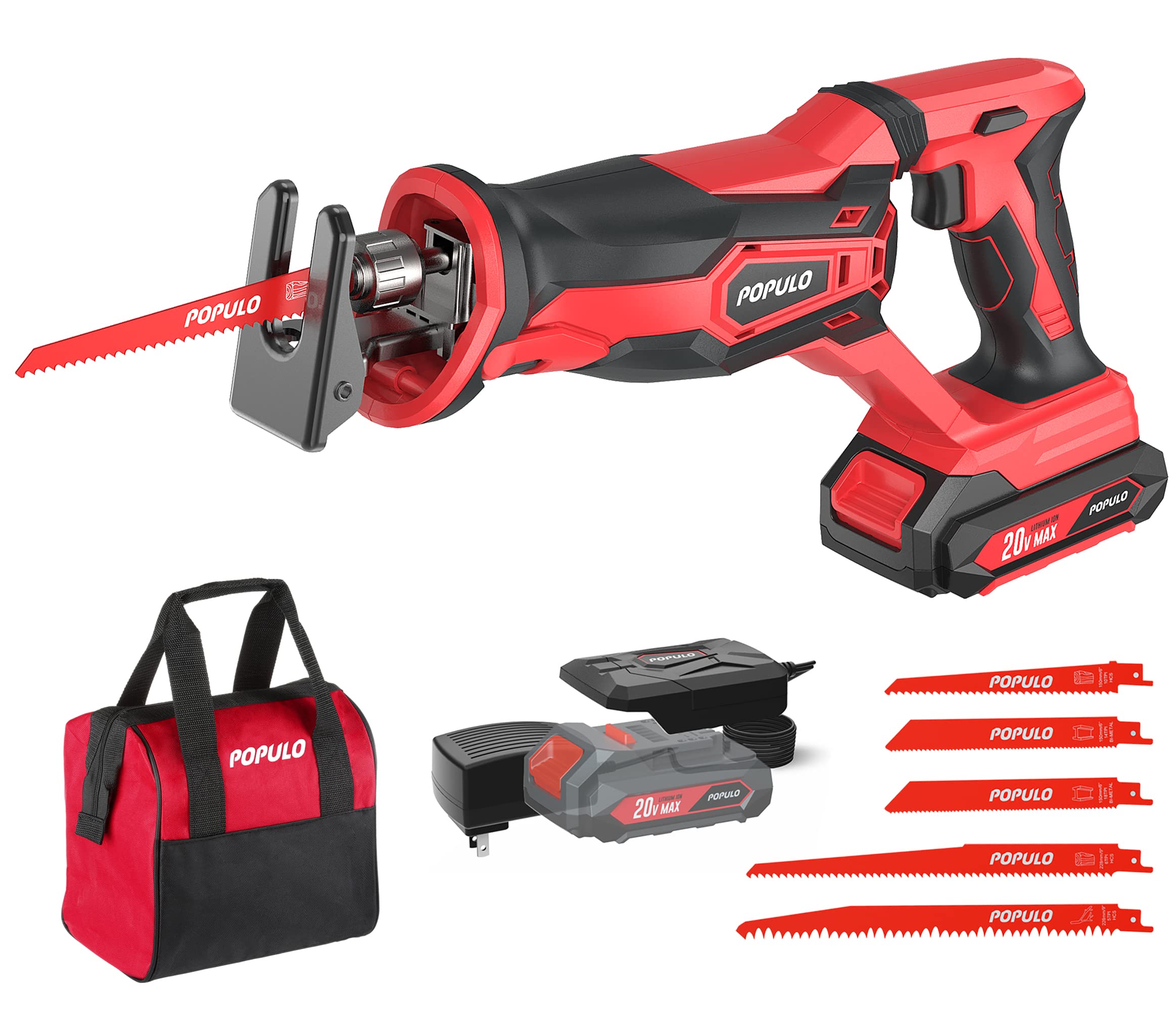 POPULO Cordless Reciprocating Saw, 20V MAX 2.0Ah Battery Power Saw, Electric Saws All Saw for Wood, Trees, or Metal Cutting, Cordless Saw with Battery and Charger