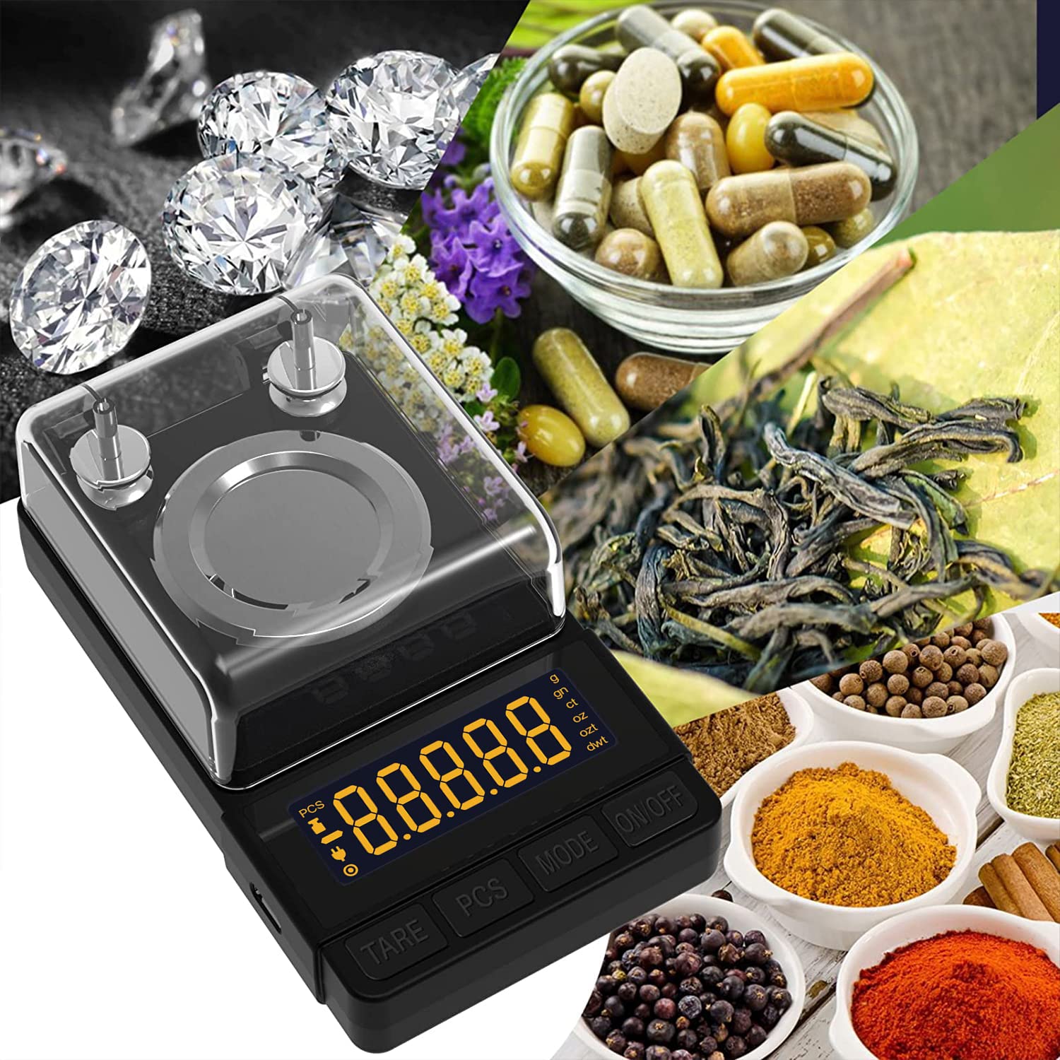 Reloading Scale 50 x 0.001g High Precision Gem Scale Supplement Powder Scale Milligram Includes 20g Calibration Weight, 2 Scoops, 4 Weighing Powder Pans Tweezers Read in Grain Gram Carat DWT oz ozt