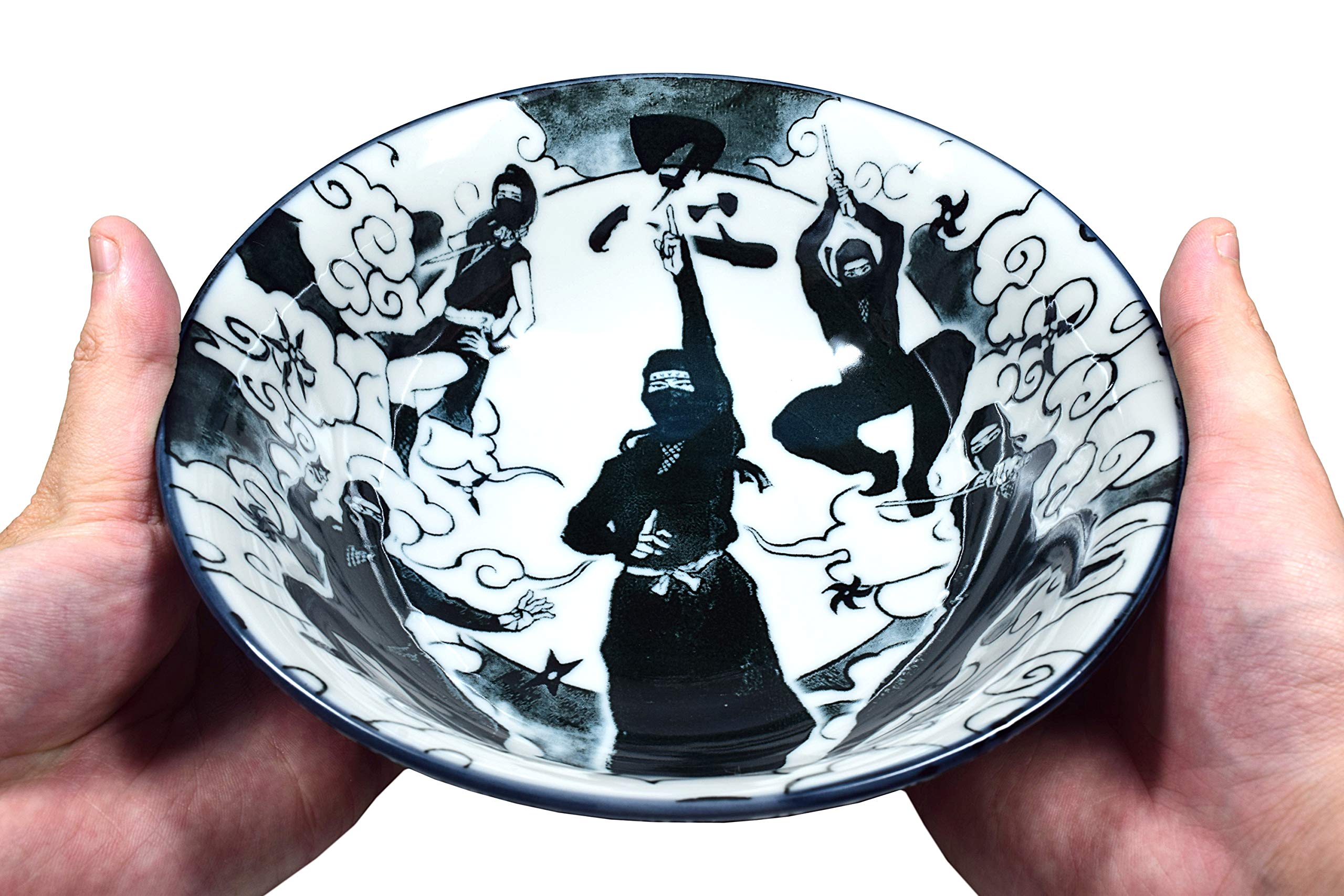 Mino Ware Japanese Wide Mouth Ceramic Bowl, Udon Ramen Noodle Soup Bowl, Ninja Design, Black