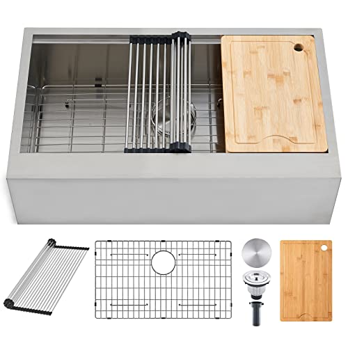 SHACO 33 Inch Farmhouse Sink, 33x20x9 Stainless Steel Farmhouse Kitchen Sink, 9 Inch Deep Brushed Nickel Single Bowl Ledge Workstation Sink, Apron Front Farm Sink with Cutting Board