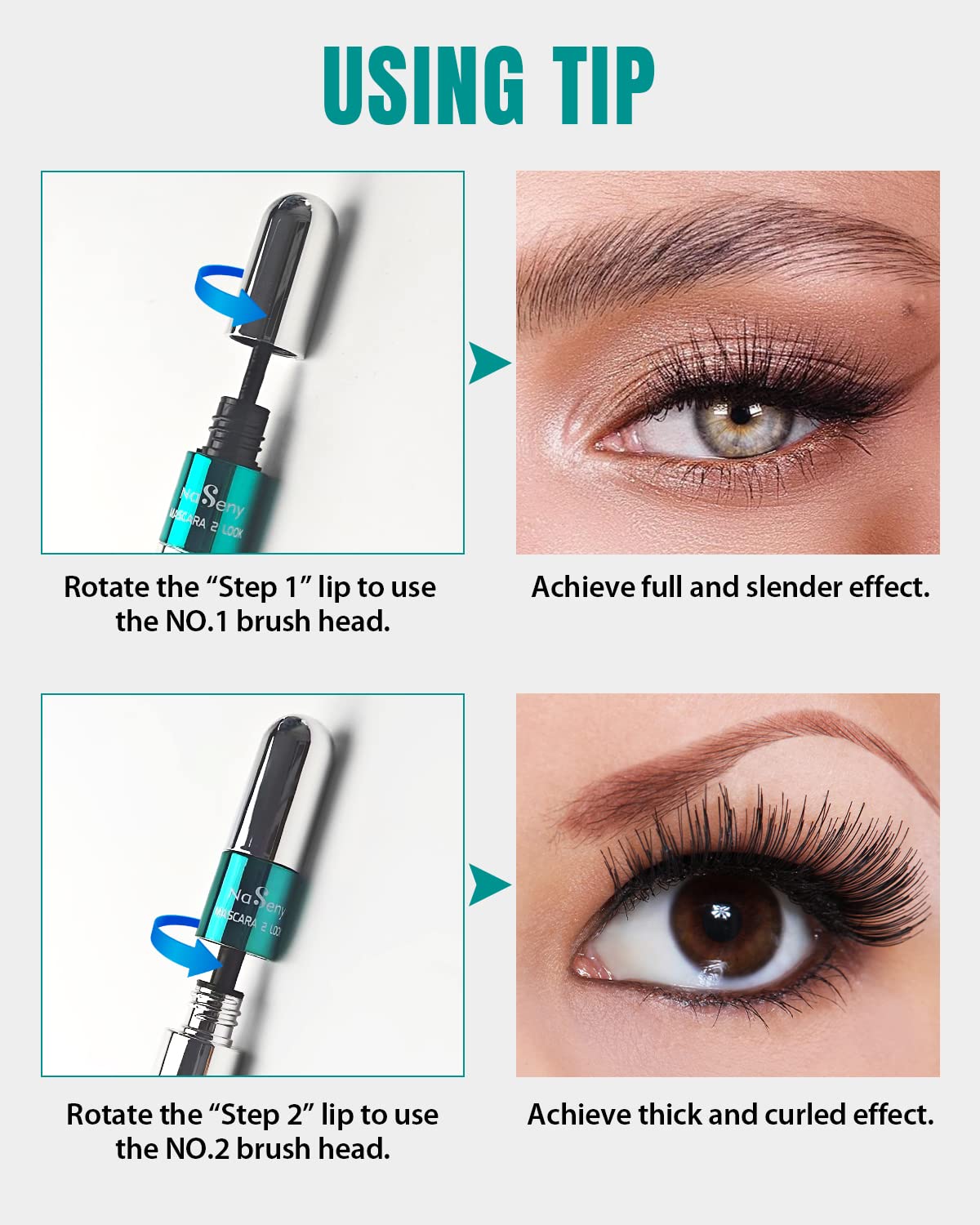 NaSeny 2in1 Vibely Mascara Lash Cosmetics Waterproof Black Volume And Length Thickening And Lengthening Dual Effect 5X Longer Mascara Smudge-Proof Non Clumping