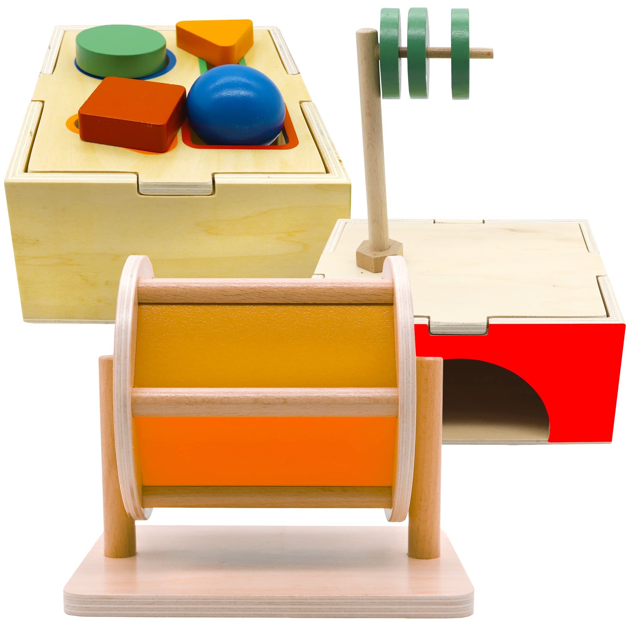 QUOKKA Montessori Toys for Babies 12 Months - Orange Shape Sorter Toys for Toddlers 1 2 3 Year Old | Rainbow Spinning Drum | Sorting Cube | Discs on Dowel | Wooden Learning Educational Game