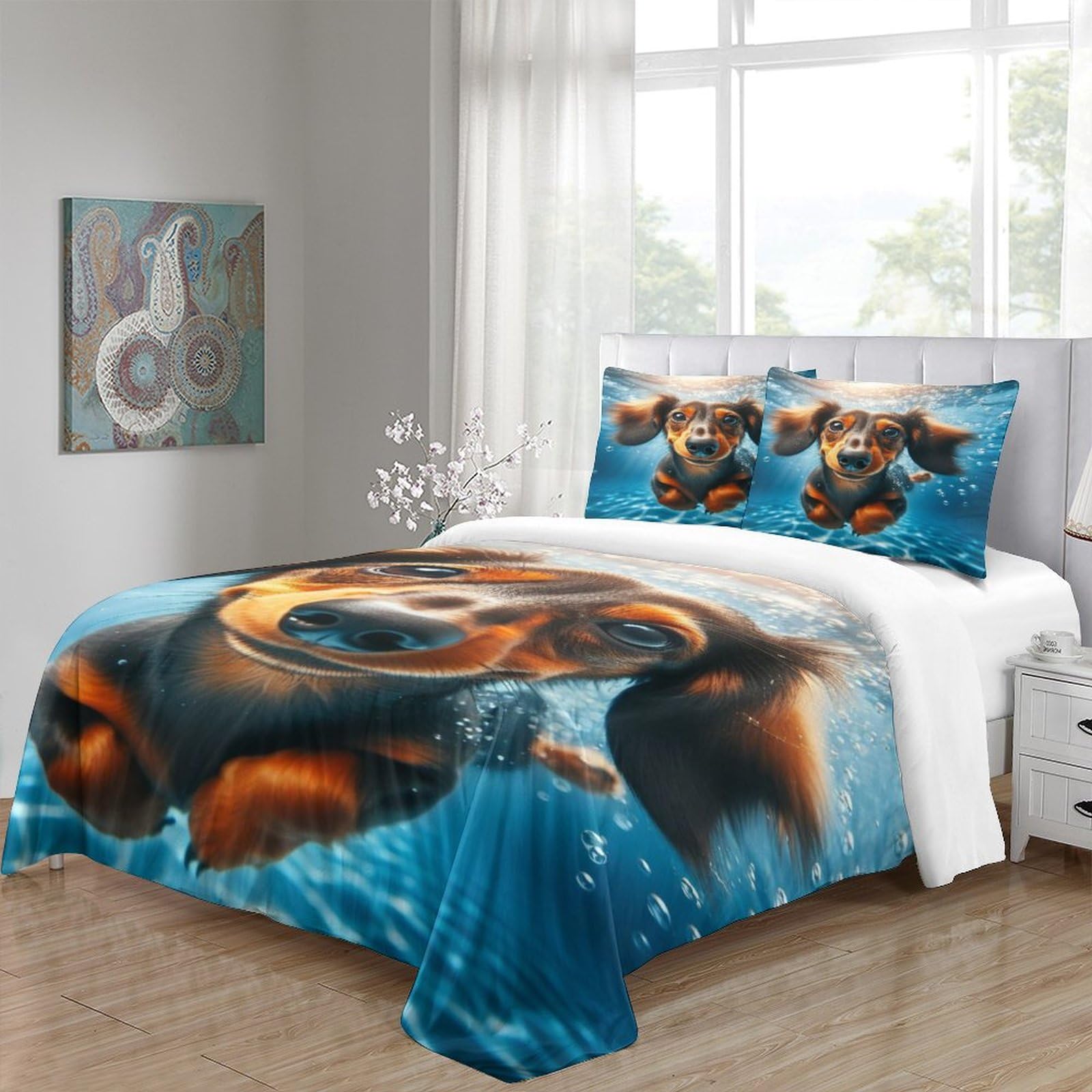 THUBDYEA Dachshund Comforter Covers 3D PrintedPet Dog Bedding Set Quilt Cover Duvet Cover 3 Pieces for Childrens and Adults Microfiber with Pillowcases with Zipper Closure Full(203x228cm), Style-26