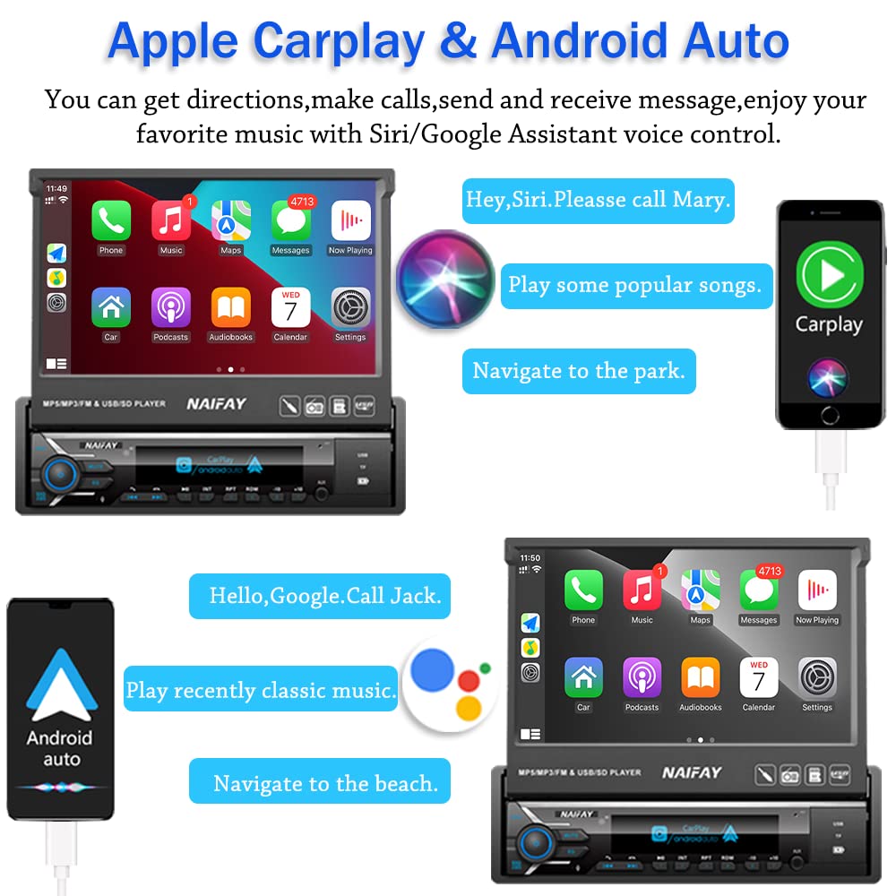 Single Din Touchscreen Car Stereo with Apple Carplay and Android Auto,7 inch Flip Out Screen Car Stereo with Bluetooth Foldable Car Audio Receiver with Backup Camera Mirror Link/FM/USB/AUX/TF