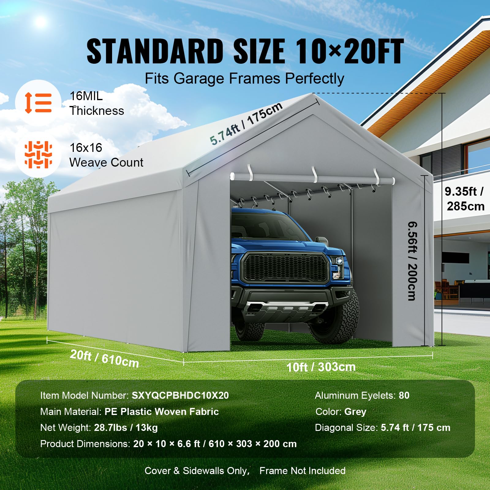 VEVOR Carport Replacement Canopy Cover Top + Side Wall 10 x 20 ft, Garage Tent Shelter Tarp Heavy-Duty Waterproof & UV Protected, Easy Installation with Ball Bungees,Grey (Frame Not Included)