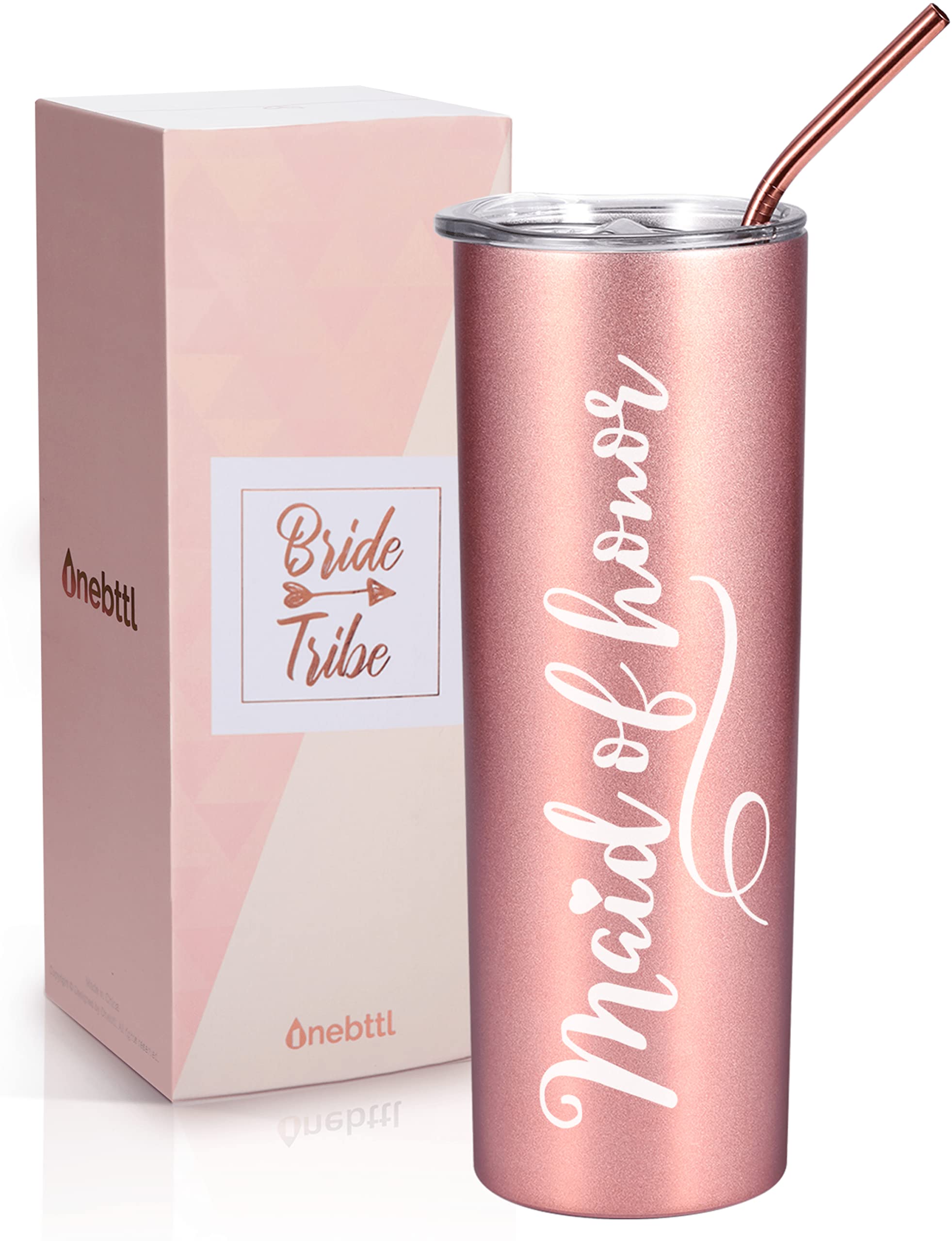 Onebttl Bridesmaid Gifts, Insulated Stainless Steel Tumblers with Lids and Straws, Maid of Honor Proposal Gifts, Bride Tribe, Bridal Party Gifts, 20 oz, Rose gold - Maid of Honor
