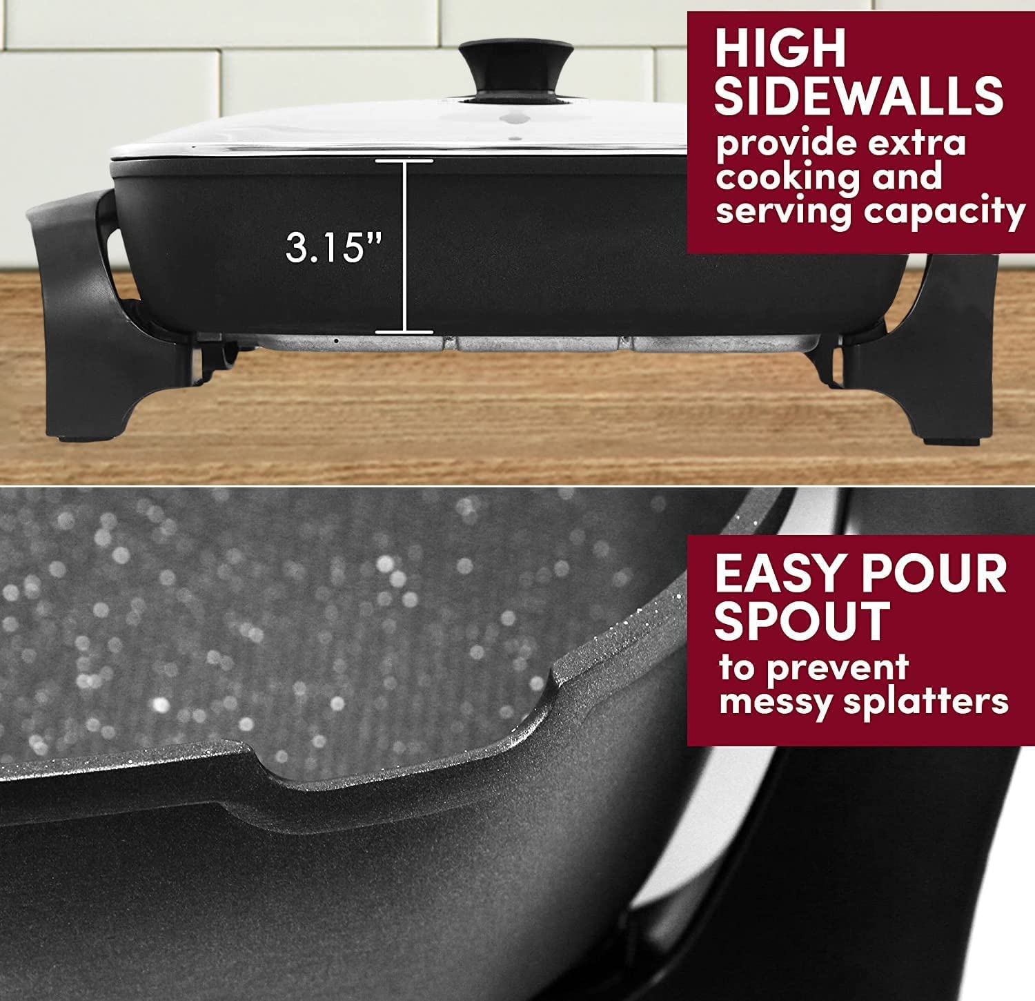 Nonstick Extra Deep Electric Skillet - with Glass Vented Lid, Adjustable Temperature, Serves 6 to 8 people (10.5Qt.)