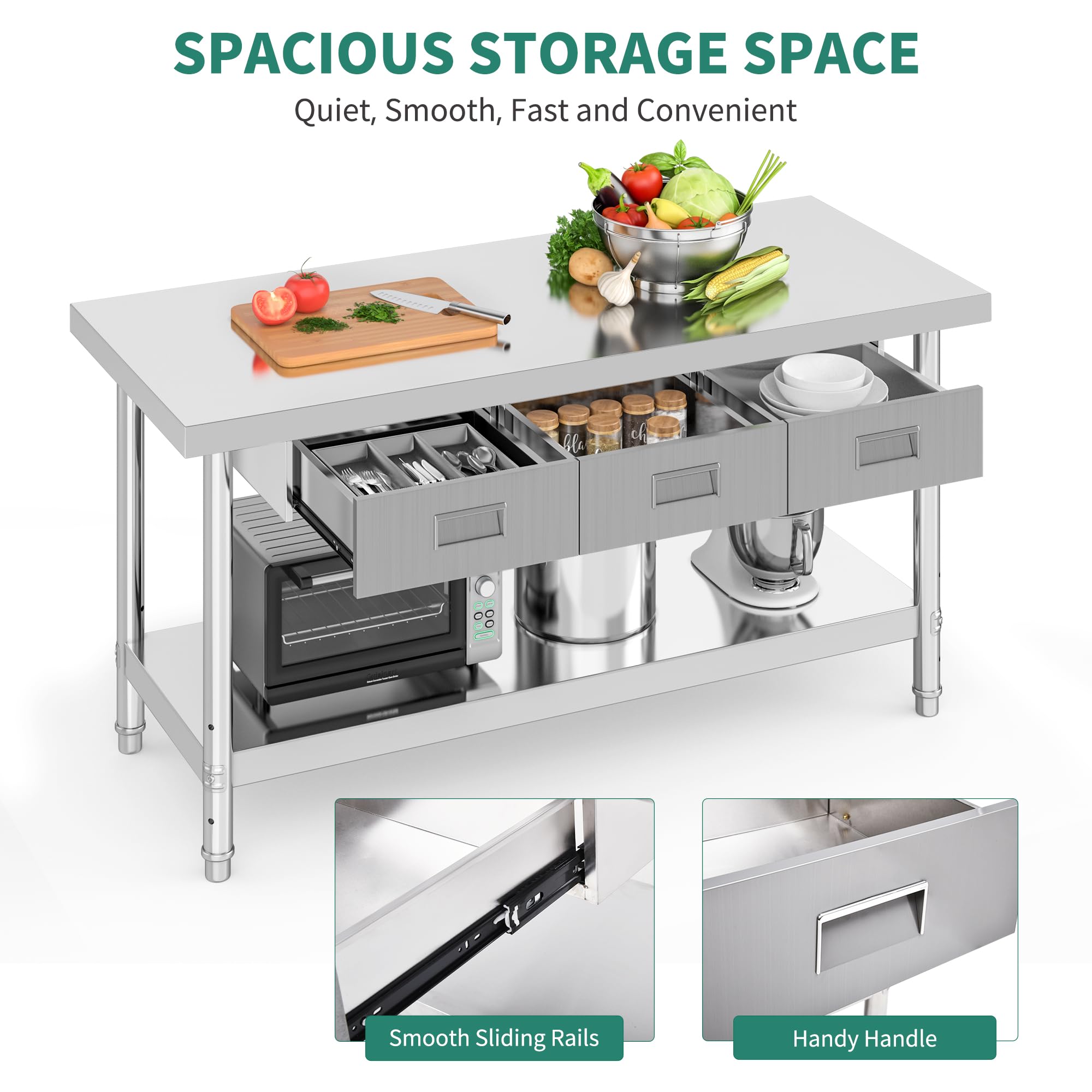 YITAHOME 60" X 24" Stainless Steel Table with 3 Drawers, NSF Work Table with Drawer, Metal Table Prep Table for Home Kitchen Restaurant Garage Warehouse