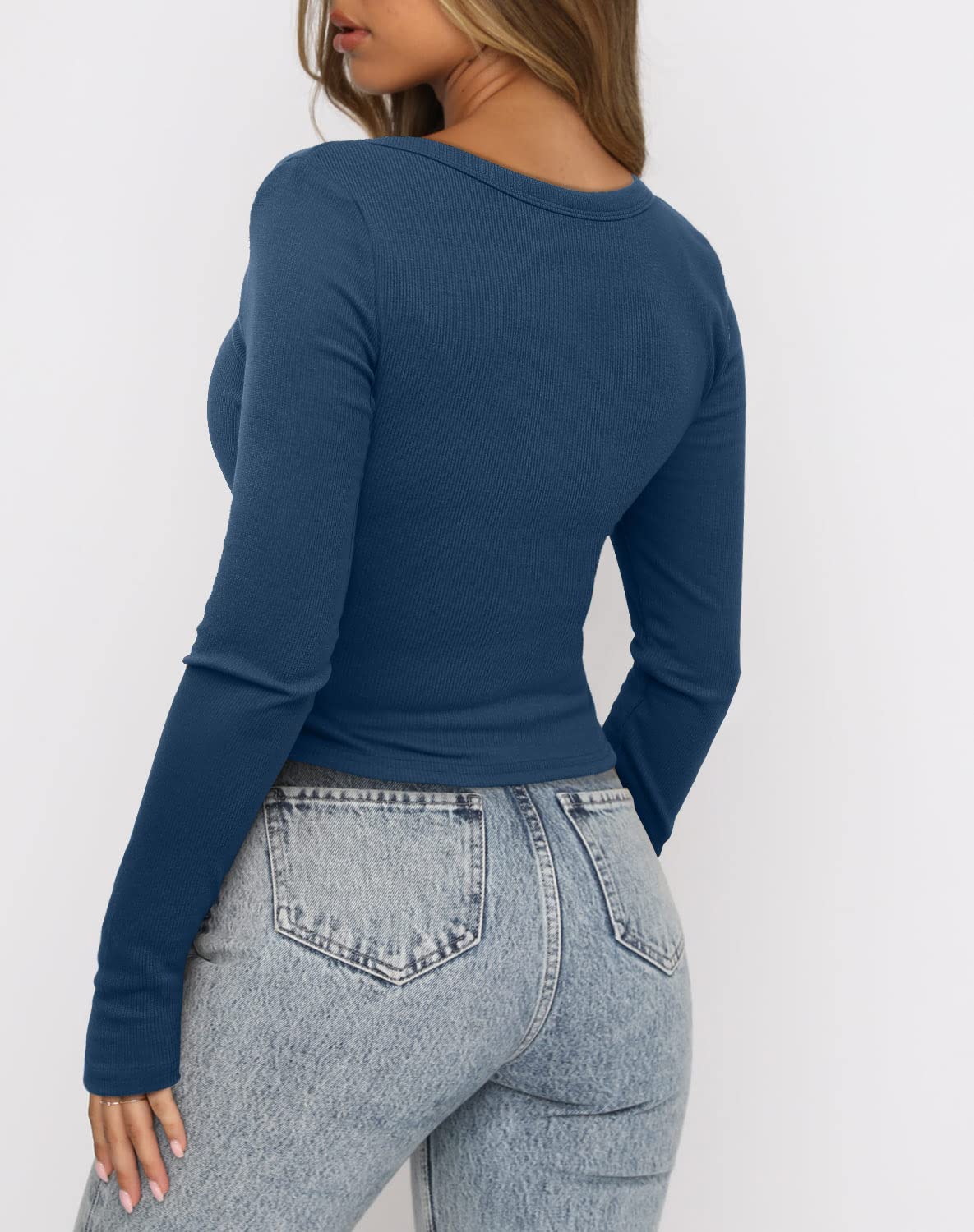 QUYEA Womens Long Sleeve Crop Tops Slim Fitted Pullover Stretch Tight Basic Layering Soft Thermal Shirts Blue,Medium