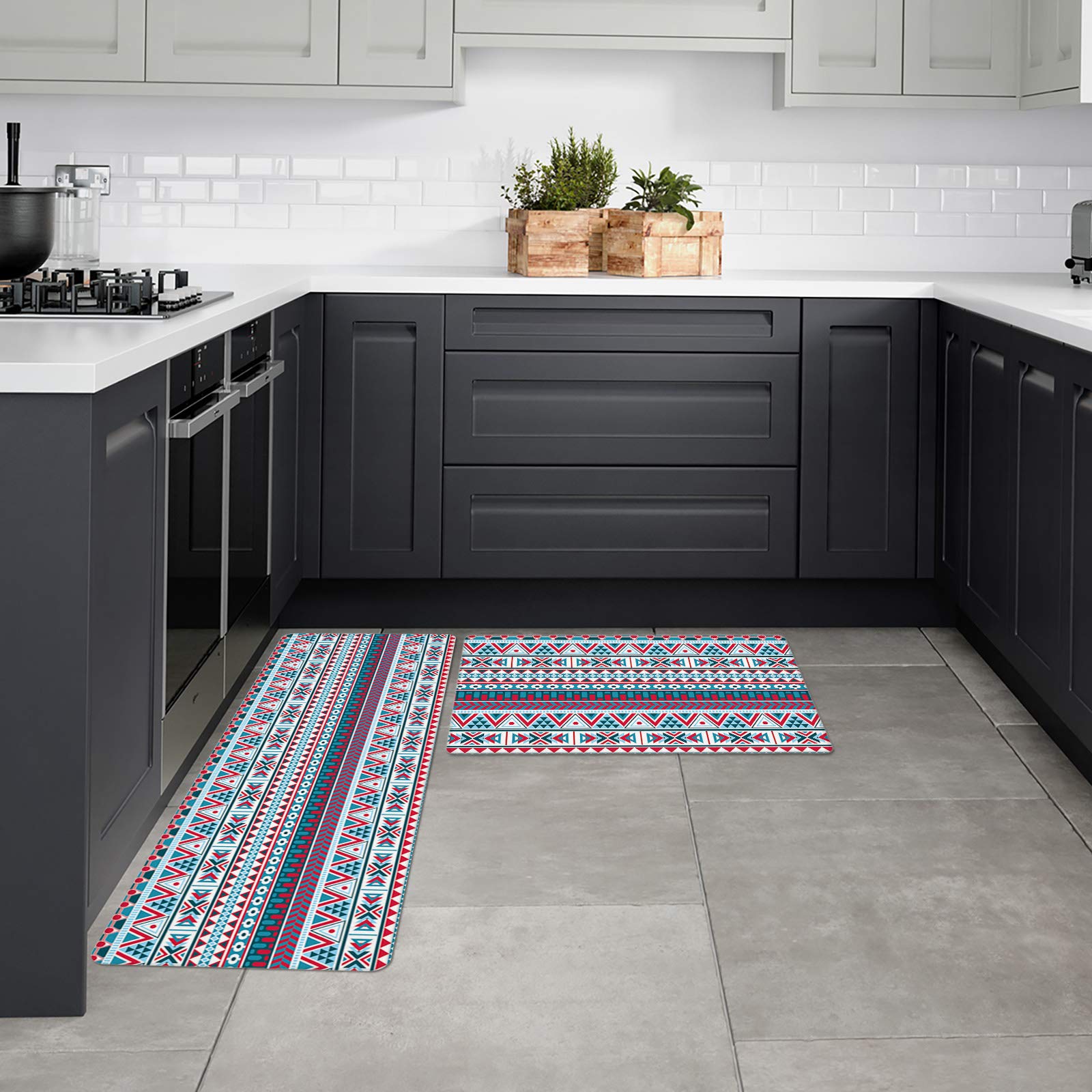 Native American Kitchen Rugs Set 2 Piece 15.7x23.6in+15.7x47.2in, Non-Slip Kitchen Mats Set Rubber Backing Indoor Entry Door Mat Carpets - Geometric Triangle Aztec Tribal Ethnic Style