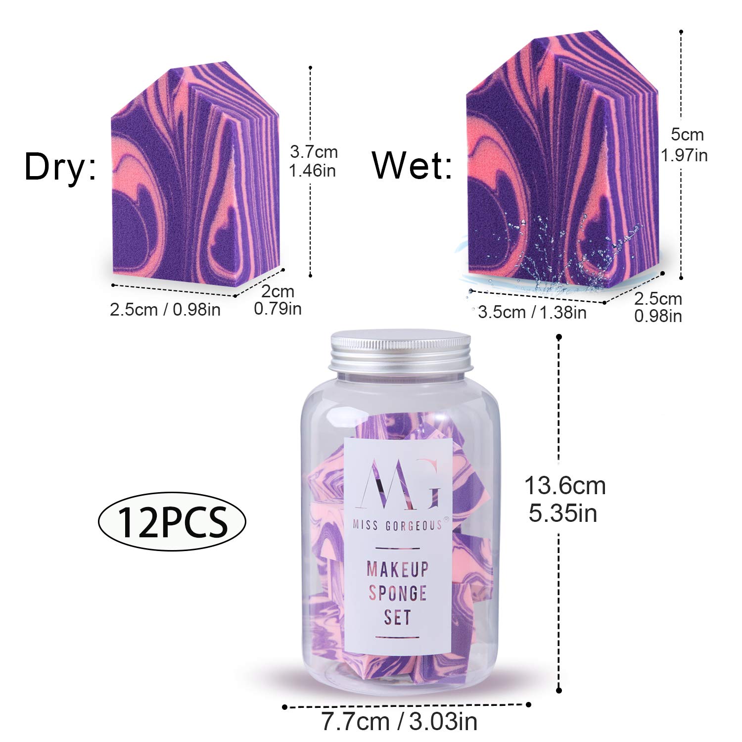 Miss Gorgeous Makeup Sponge Blender, Great for Blending Foundation and Concealer, Latex-Free Makeup Wedge, Jumbo Size, 12 Count (Purple)