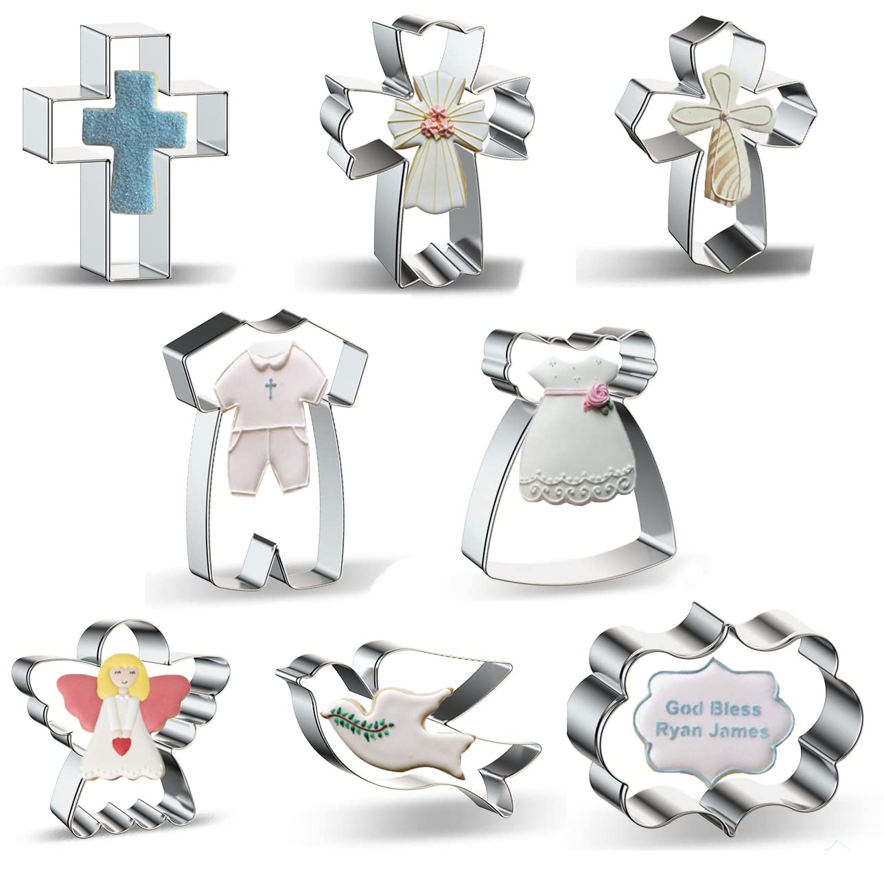 Religious Baptism Cookie Cutter Set of 8 - Holy Cross Angel Pigeon/Dove Baptism Dress Outfits Romper Plaque Frame Shapes First Communion Christening Cookie Cutters Biscuit Molds - Stainless Steel