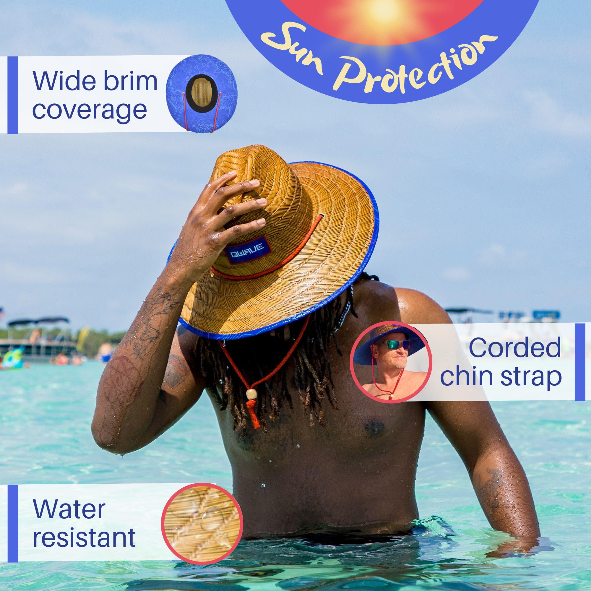 Qwave Mens Straw Hat - Fishing Print Designs, Sun Hats for Men Protects from Summer Sun - Lifeguard Hat, Dark Straw - Topography