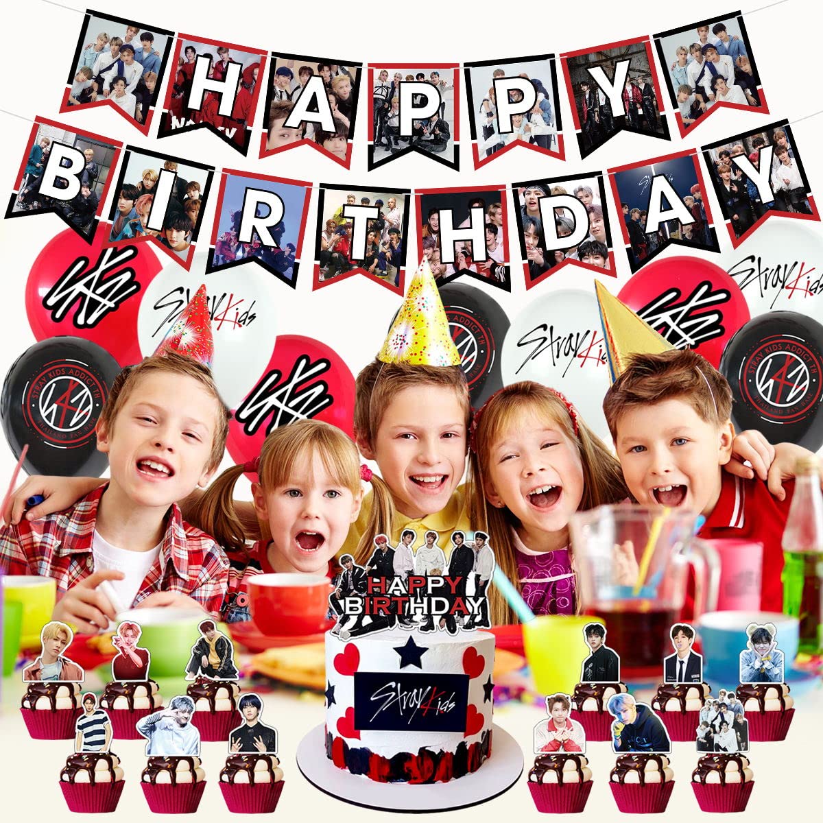 OULUN STRAY-KIDS Party Supplies, STRAY-KIDS Party Decorations Include Happy Birthday Banners, Cake Toppers, Cupcake Toppers, Balloons