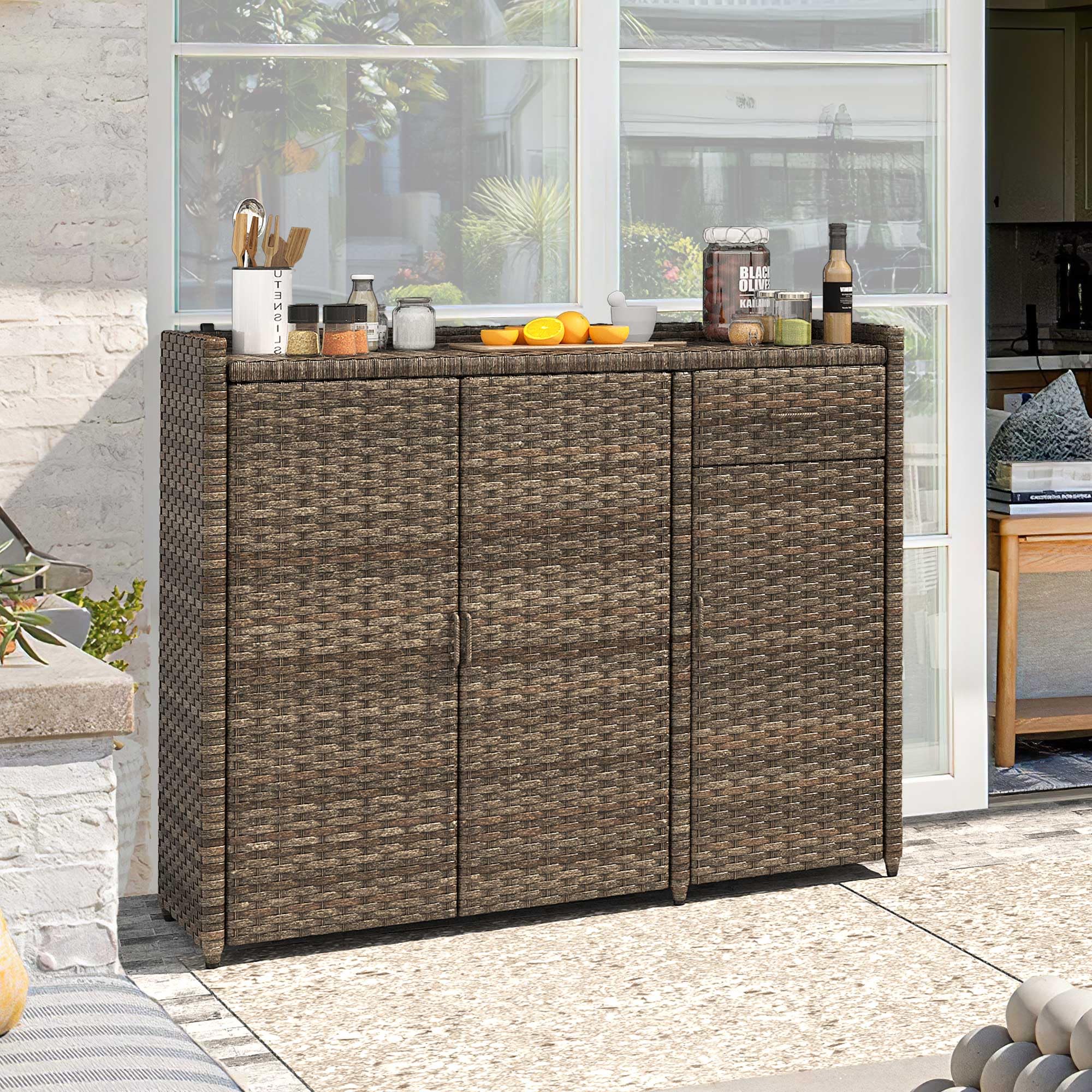 YITAHOME Outdoor Storage Cabinet, Weather-proof Rattan Bar Table with Two Doors, Adjustable Shelves & Foldable Drawer, Wicker Patio Storage Box for Outdoor Cushions, Pool Toys and Garden Tools - Brown