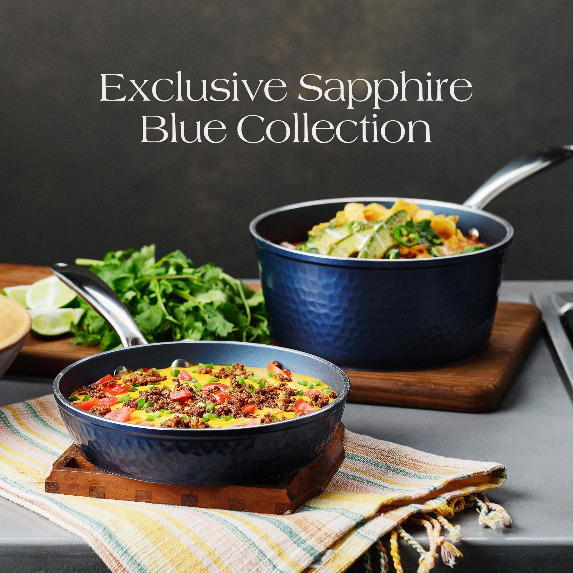 OrGREENiC Blue Hammered Collection - Non-Toxic, Non-Stick Ceramic 10 Piece Cookware Set with Glass Lids, Scratch-Resistant, Oven Safe with Upgraded Handles, Safe Pan for All Stovetops