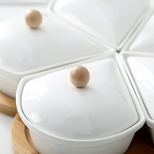 WMM 11 Inch Ceramic Divided Serving Dishes with Bamboo Tray and Lids, 5 Removable Snack Bowls Relish Tray for Candy, Nut, Fruits, Chips and Dip