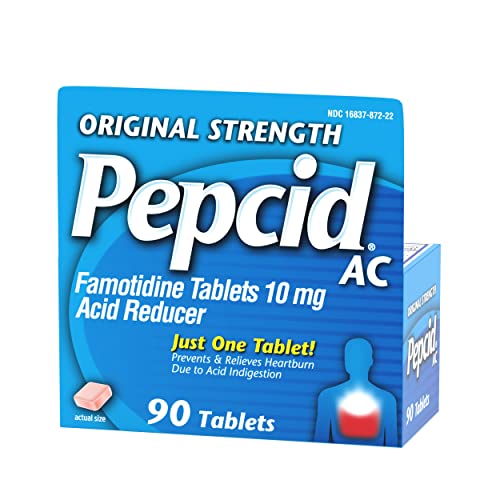 Pepcid AC Original Strength Heartburn Relief Tablets, Prevents & Relieves Heartburn Due to Acid Indigestion & Sour Stomach, 10 mg Famotidine to Reduce & Control Acid, Fast-Acting, 90 Ct
