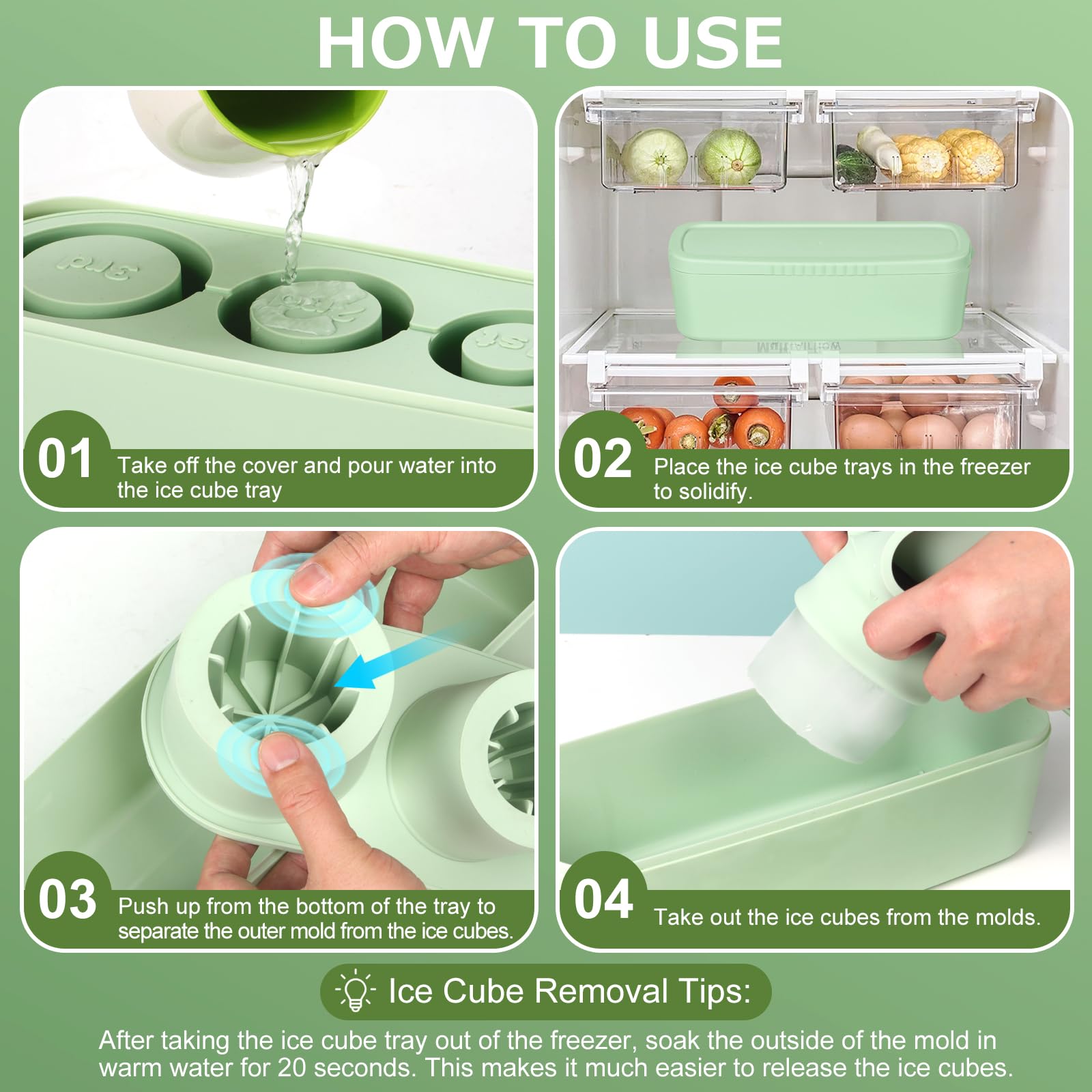 QUTIFE Ice Cube Tray for Stanley Cup Tumblers 30-40oz, Silicone Ice Cube Molds with Lid and Bin, Easy Release Ice Maker for Chilling Cocktails, Coffee, Drinks, BPA Free(Green)