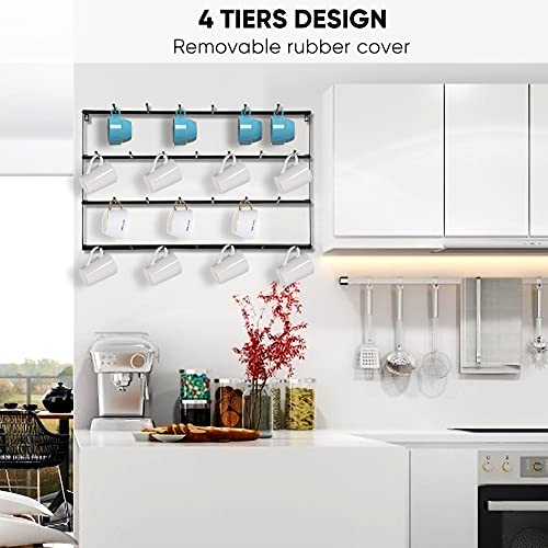 Wall Mount Coffee Mug Holder, Wrought Iron Coffee Tea Cup Hanging Rack Display Organizer Space Saving Mug Hanger with 30 Hooks for Home Kitchen Farmhouse Storage and Collection(4 Tier)