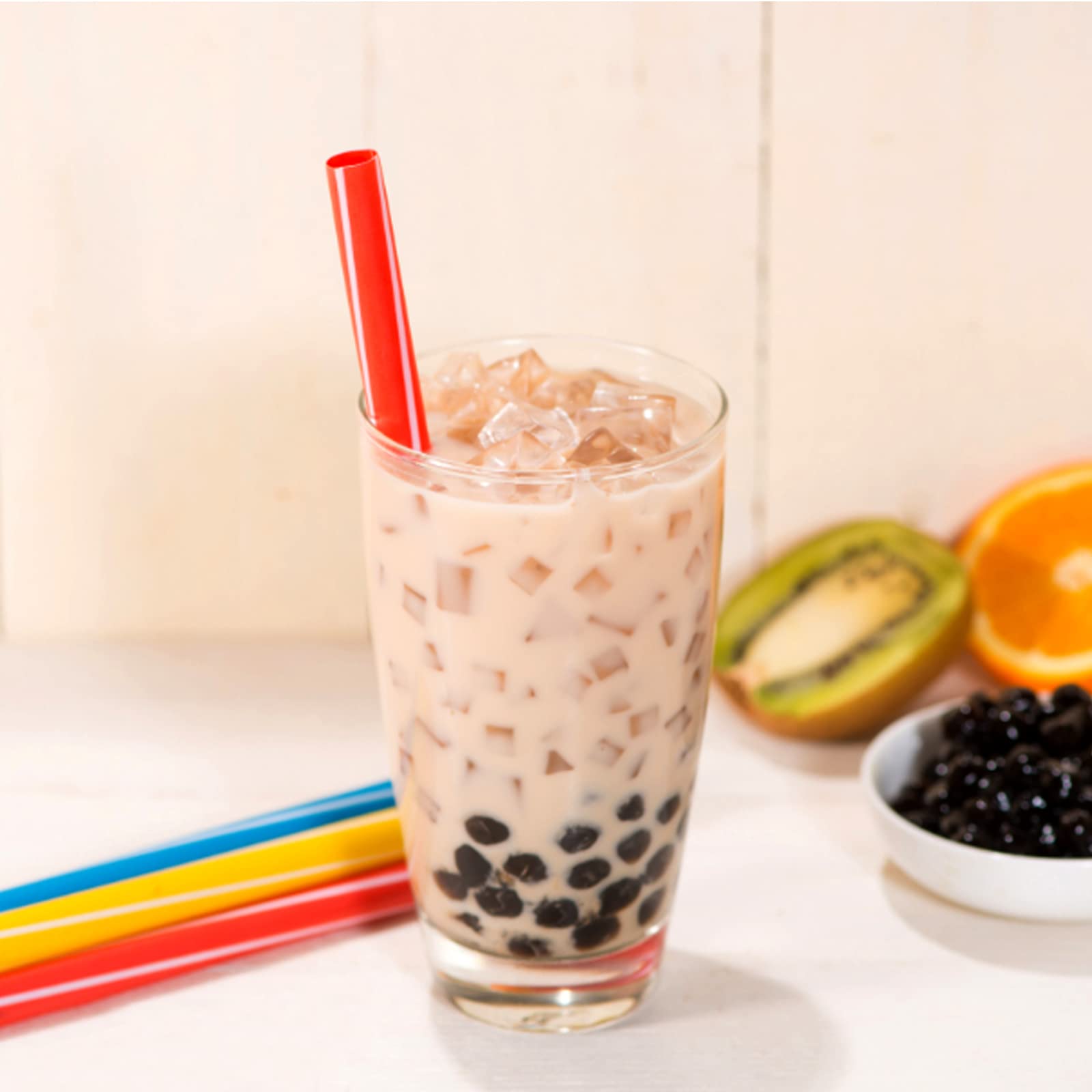 RENYIH 100 Pcs Smoothie Boba Individually Wrapped Straws, Jumbo Large Plastic Disposable Bubble Tea Milkshake Colorful Drinking Straws(0.43" Wide X 8.2" Long)