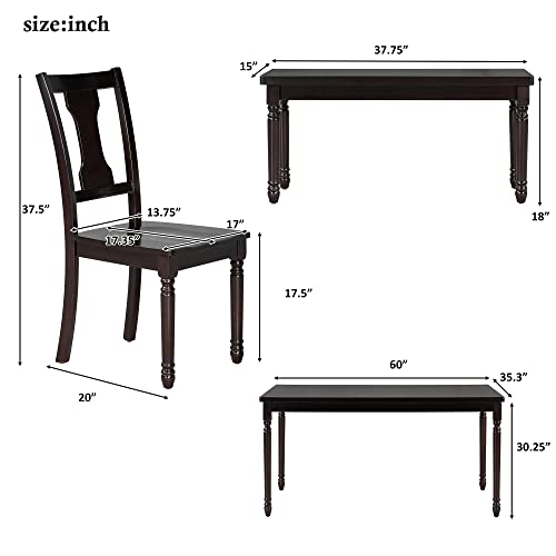 Woanke Table & Chair 6, Wooden Rectangular 4 Chairs and 1 Bench, Rustic Style Dining Table Furniture Set, Gray, Espresso