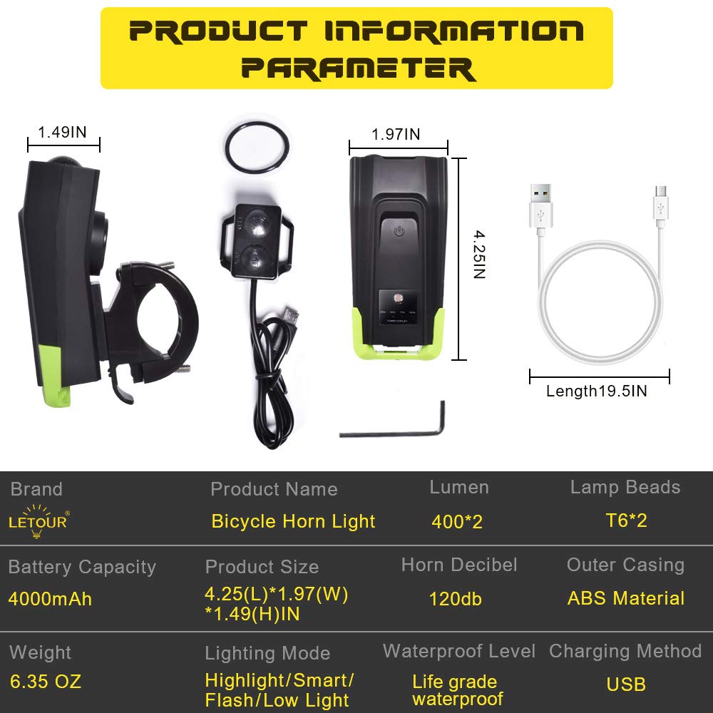 LETOUR LED Bike Light, Rechargeable Super Bright IPX6 Waterproof Bicycle Accessories Horn Speaker 2000mAh 800 Lumens Glare Flashlight
