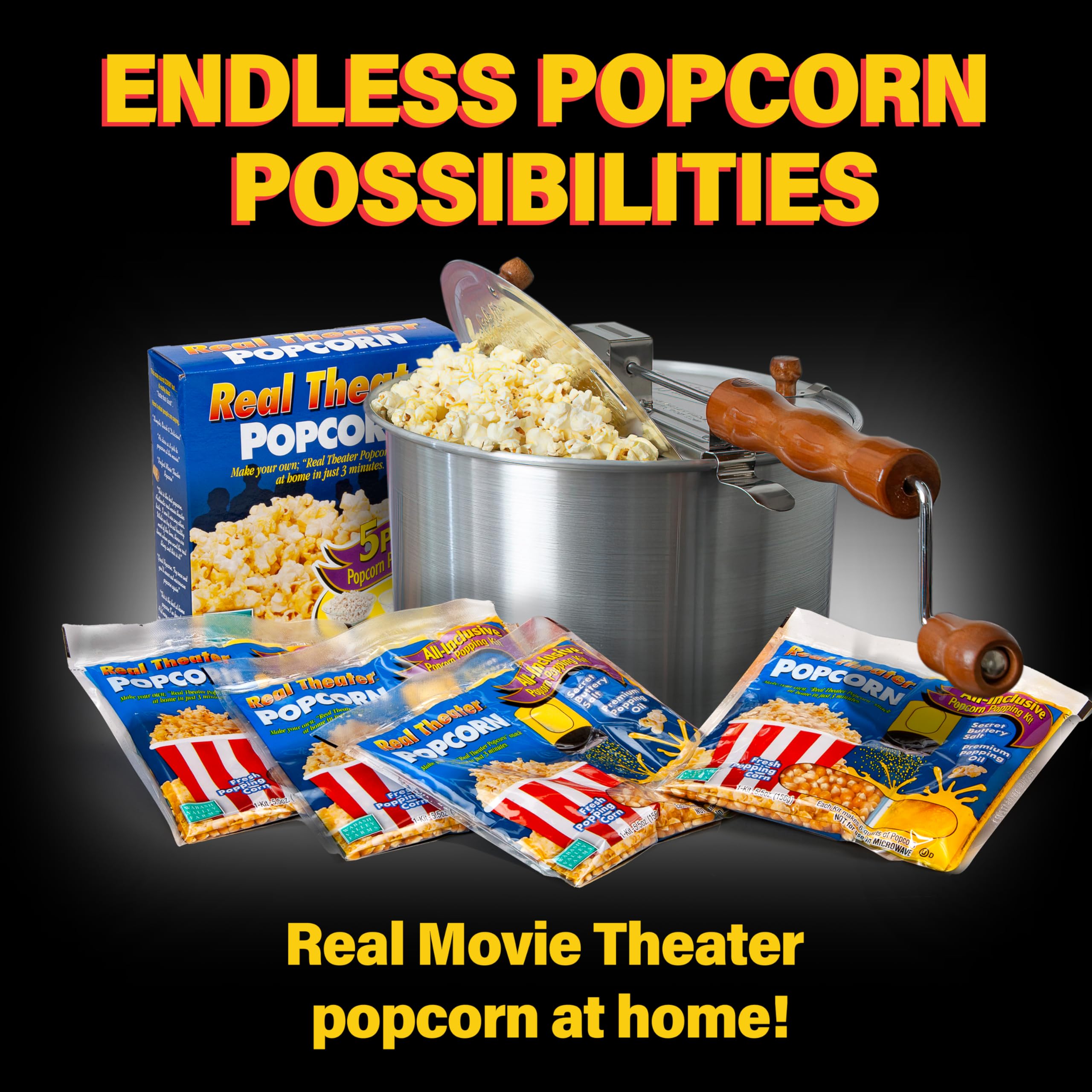 Original Whirley-Pop Popcorn Popper Kit - Metal Gear - Stainless Steel - 1 Real Theater All Inclusive Popping Kit
