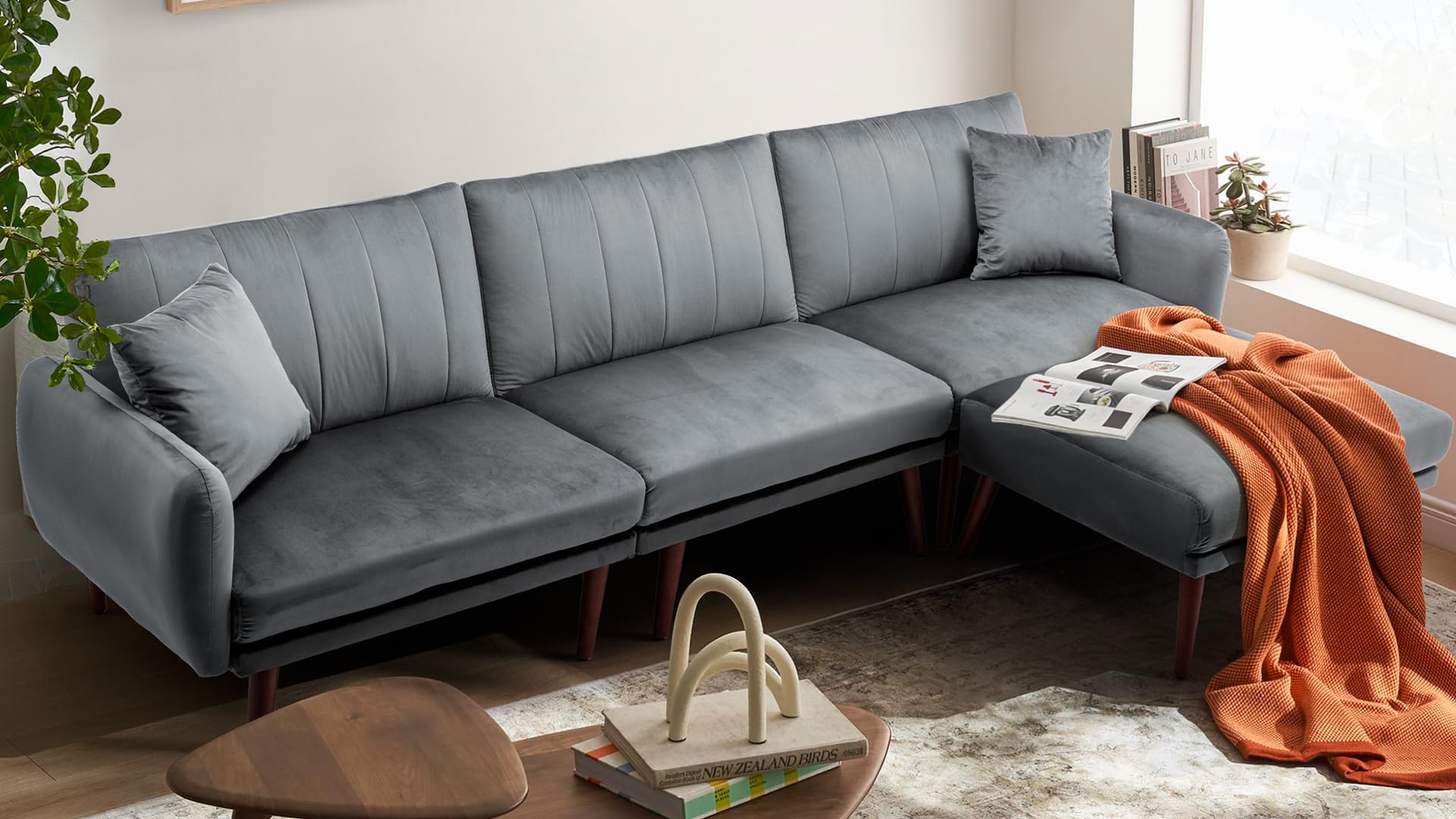 JOMEED 105" Velvet Sectional Sofa Couch for Living Room with Chaise, Modern Convertible L-Shaped Couch Sofa Bed with Adjustable Backrest