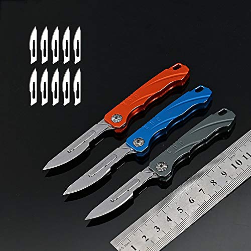 SZHOWORLD Mini EDC Pocket Knife,Aluminium Alloy Handle Carbon Steel Blade Folding Knife with 10 Extra Replaceable Blades,Portable Lightweight and Compact (Grey)