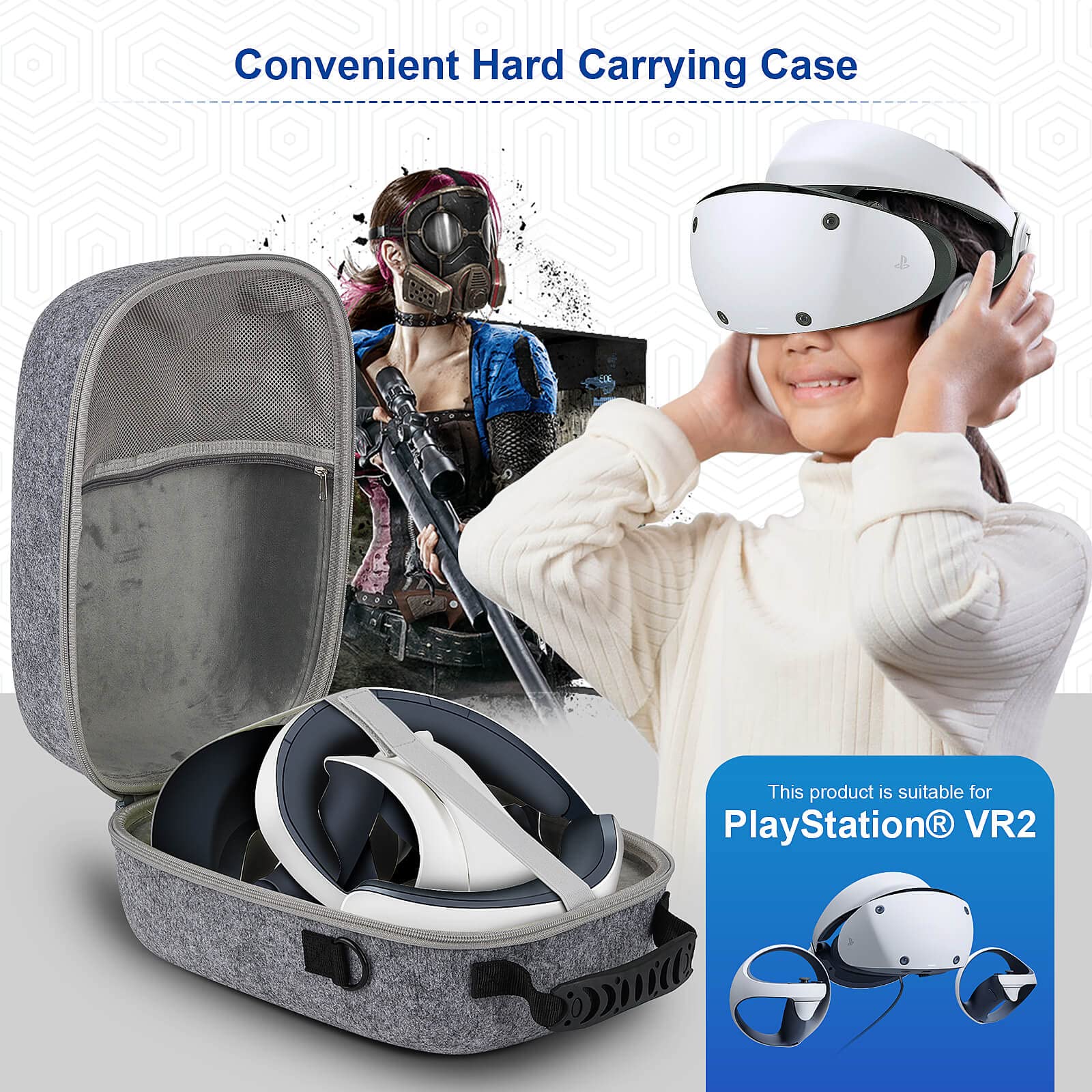 QYCHHJ Hard Carrying Case for PlayStation VR2 All-in-One VR Gaming Headset and Touch Controllers, Portable Travel Cover Storage Bag with Shoulder Strap & Lens Cloth for PS VR2 Accessories, Gray