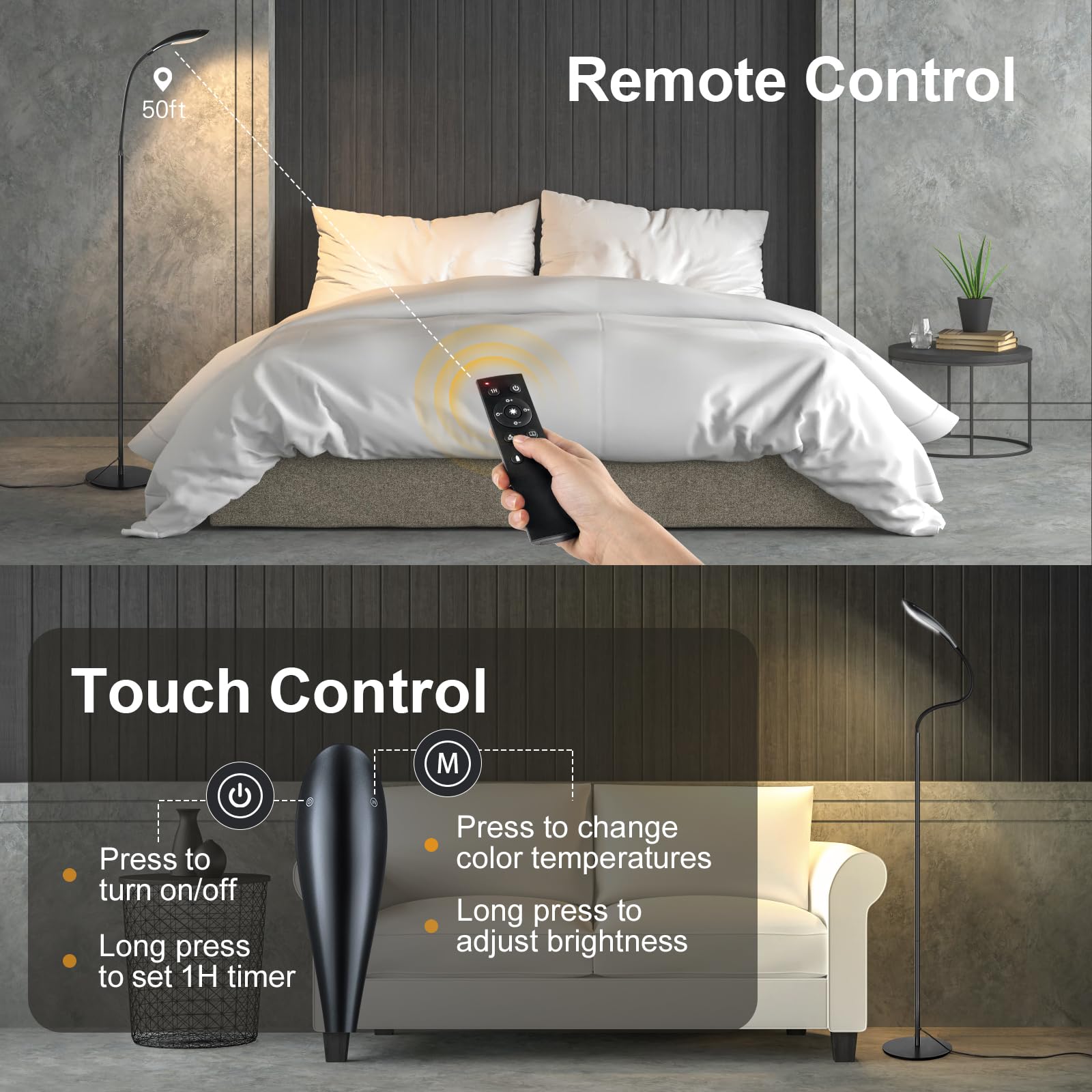 OUTON LED Floor Lamp, 12W 1080LM, Dimmable Adjustable Gooseneck Standing Lamp with 4 Color Temperature, Remote & Touch Control, 1H Timer, Memory Function for Reading Living Room Bedroom Office (Black)