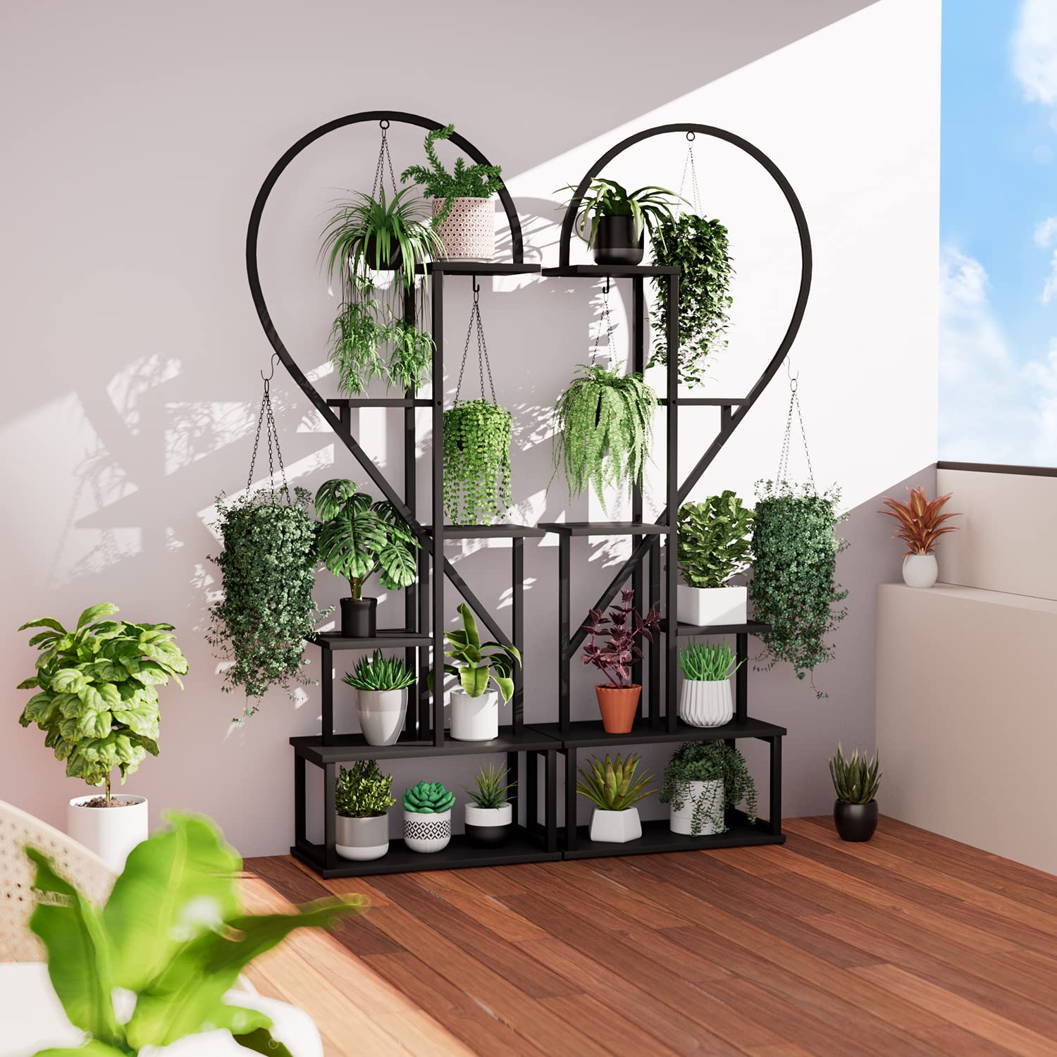 POTEY 6 Tier Metal Plant Stand, Creative Half Heart Shape Ladder Plant Stands for Indoor Plants Multiple, Plant Shelf Rack for Home Patio Lawn Garden (Black Board 2 Pack)
