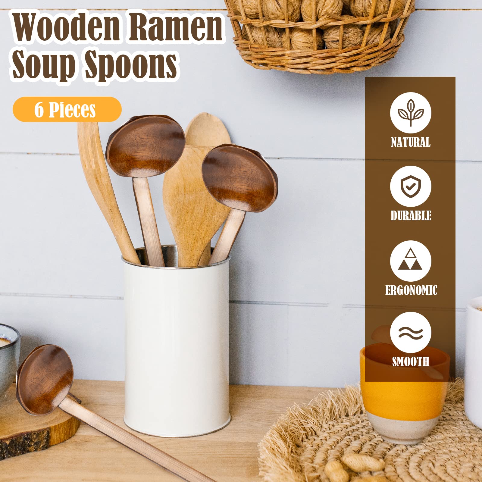 ORYOUGO 6 Pieces Handcrafted Wooden Ramen Soup Spoon with Long Handle Home Tableware Kitchen Utensils, 8.6in