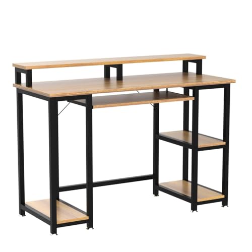 JSungo Small Computer Desk with Monitor Stand, 47 Inch Office Desk with CPU Shelf and Dual Storage Bookshelf for Small Space, Sturdy Writing Table with Keyboard Tray for Home, Natural