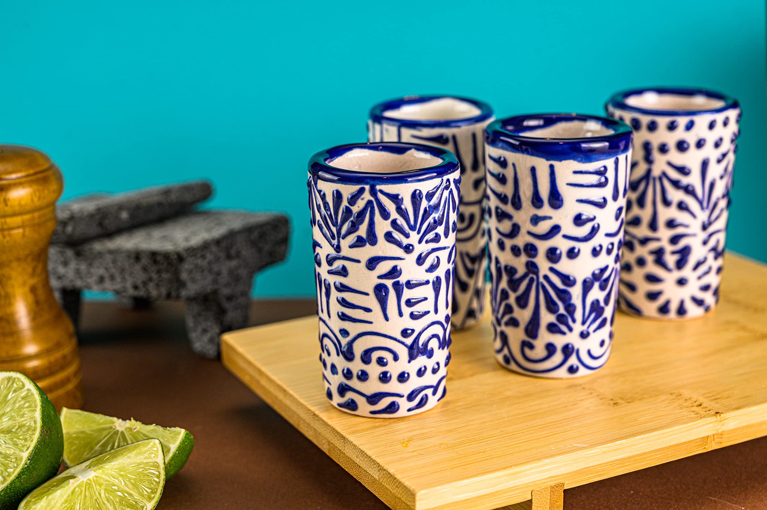 MEXTEQUIL - Talavera Shot Glasses Set of 4 Authentic Mexican Tequila Shot Glasses - Hand-painted - 2 Oz (Blue Lace)
