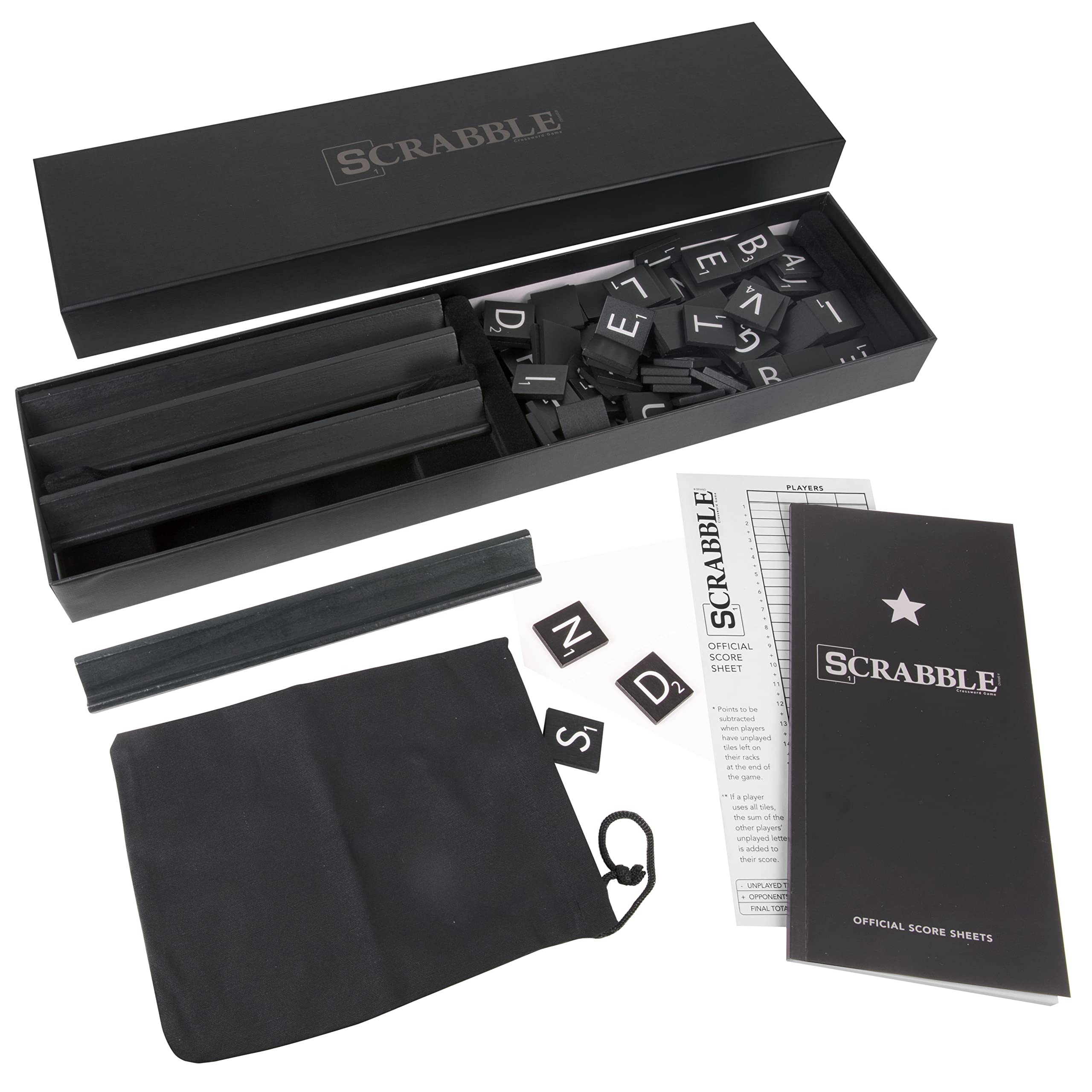 Scrabble Deluxe Black Edition Board Game with Rotating Wooden Deluxe Turntable High End Scrabble Board Game - Scrabble Game Rotating Board Adults - Deluxe Edition Large Tiles Luxury