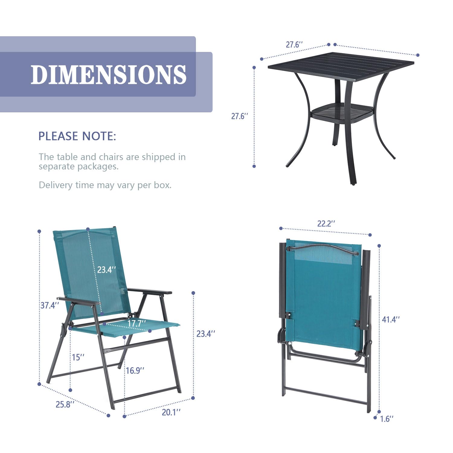 VICLLAX 3 Pieces Small Patio Dining Set, Patio Furniture with 2 Outdoor Foldable Chairs and Black Patio Dining Table, Dark Blue Chairs
