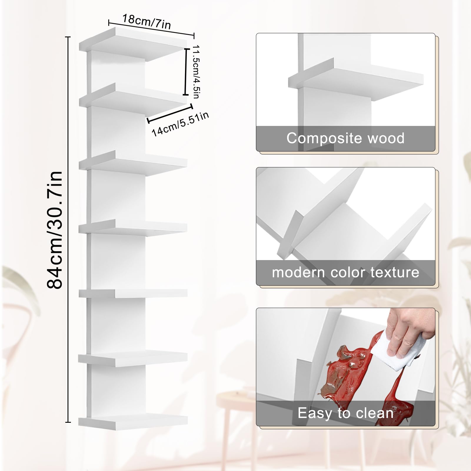 YEXEXINM 7 Tier Wall Shelf Unit - Narrow Smooth Laminate Finish - Vertical Column Wall Decor Mount Floating Storage Home Decor Organizer Tall Tower Utility Shelf for Bedrooms, Living Rooms(White)