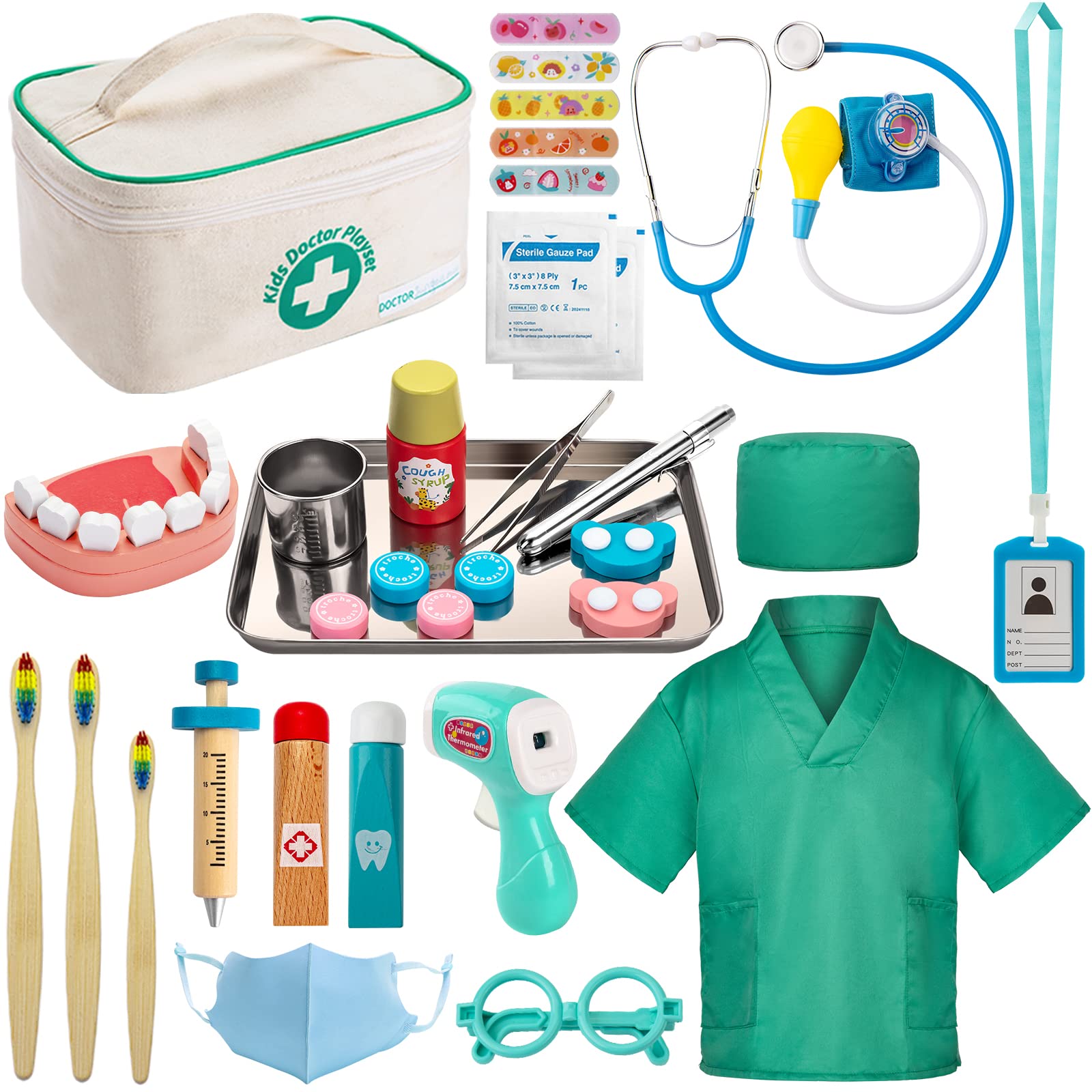 Juboury Doctor Kit for Kids 34Pcs Toy Medical Kit with Stain Steel Stethoscope, Flashlight, Tray, Iodine Cup, Wooden Accessories, Dress Up Costume and Doctor Bag for Kids, Girls, Boys, Toddlers