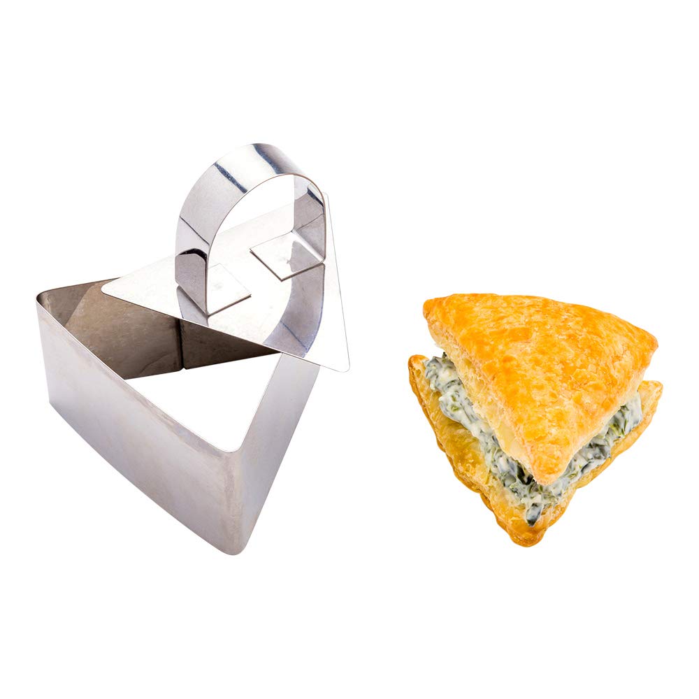Restaurantware Pastry Tek 3.2 x 1.3 x 1.5 Inch Cake Ring Mold 1 Triangle Cooking Ring With Food Press - Small Dishwasher-Safe Stainless Steel Mousse Mold Oven-Safe For Pancakes or Cheesecakes