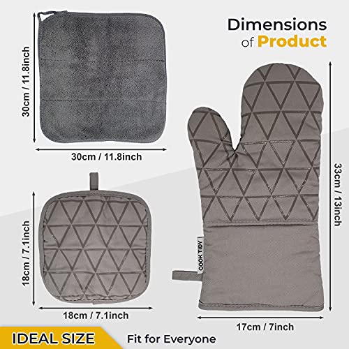 Oven Mitts & Pot Holders Sets - Kitchen Gloves & Towel Gift Box Set Gray 6Pcs by COOK TIDY - 13β Xtra Large Thick Washable - Professional & Heavy Duty - Protective Long Cuff for Cooking, Baking, BBQ