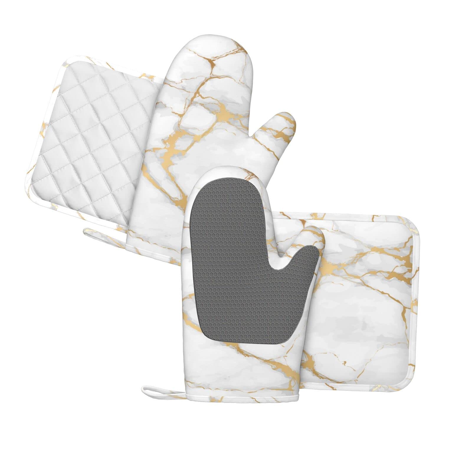 Oven Mitts and Pot Holders Marble White Gold Silicone Kitchen Accessories Set of 4 Heat Resistant Long Gloves Potholder Non-Slip Grip for Chef Cooking,Baking,Grilling,BBQ
