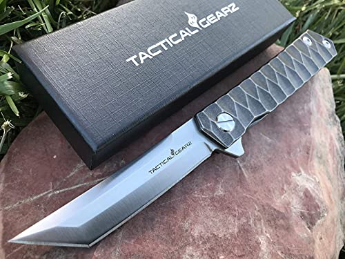 TACTICAL GEARZ EDC Tc4 Titanium Pocket Knife! Tc4 Titanium Handle! Ball Bearing, CPM-D2 Steel Blade! Includes Sheath!