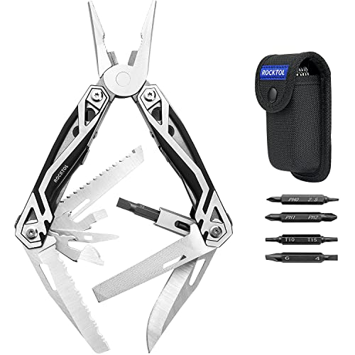ROCKTOL Multitool Spring Pliers, 21-in-1 Heavy Duty Multi tool with Safety Locking Toolset, Magnetic Screwdriver, Bits, Bottle Opener, Saw, Nylon Sheath, Gift for Mans