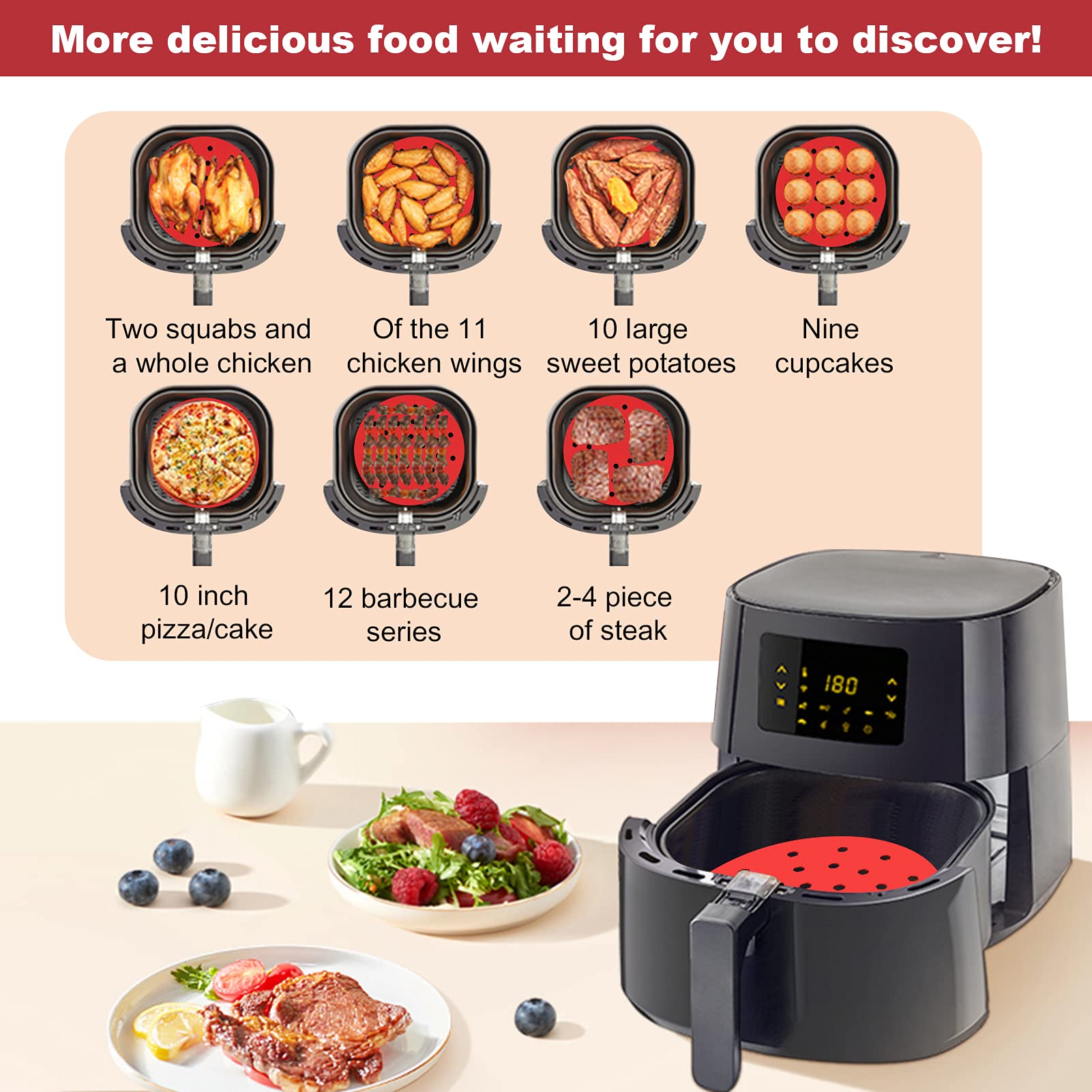 Retexal Kitchen Reusable air fryer silicone liners 4 Pack Air Fryer Heat Resistant and Food Safe-9" Square