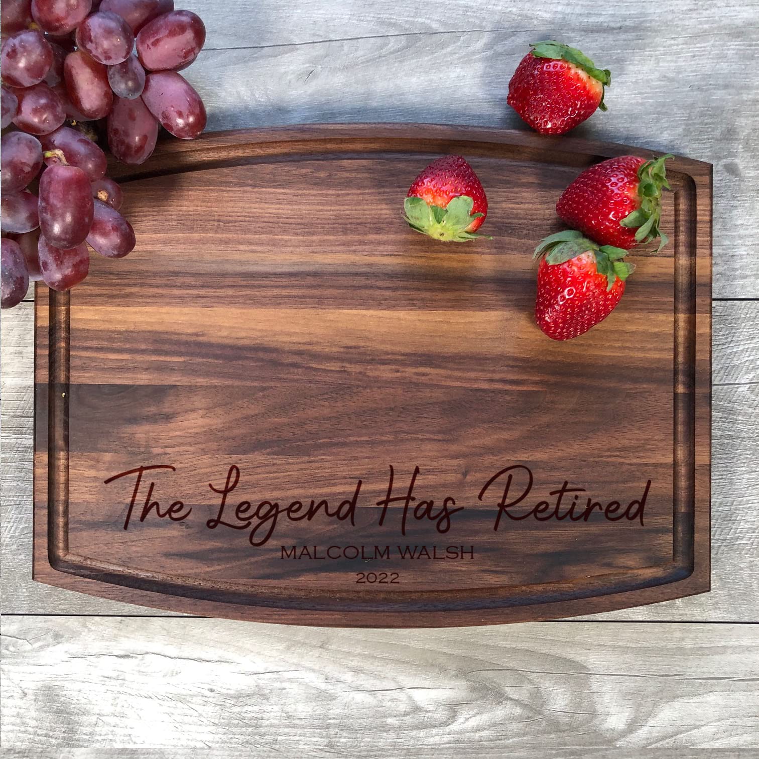 Retirement Gifts Women Men. Cutting Board. Personalized Gift. The Legend Has Retired Boards (Walnut, 9" x 12" arched board)