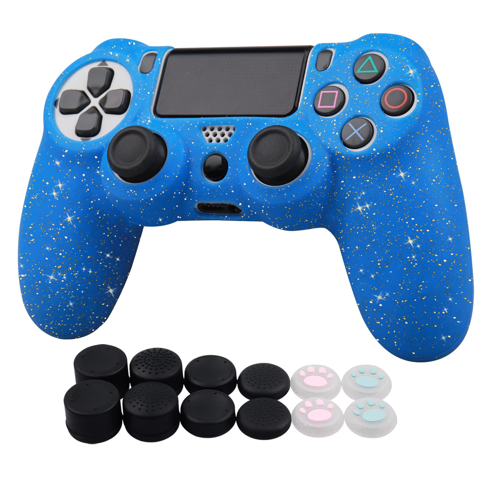 RALAN Controller Skin Glitter Anti-Slip Silicone Cover Protector Case Compatible with PS4 Slim/PS4 Pro Wireless/Wired Gamepad Controller with 4 Cat Paw Thumb Grip Caps & Black Pro Thumb Grip x 8.