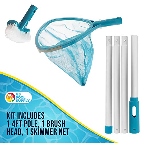 U.S. Pool Supply Professional Heavy Duty Spa, Hot Tub, Pond Cleaning & Maintenance Set - Small Skimmer Net, Deep Fine Mesh Netting, Spa Scrubbing Brush, 4 Ft Pole, Floating Chlorine Chemical Dispenser